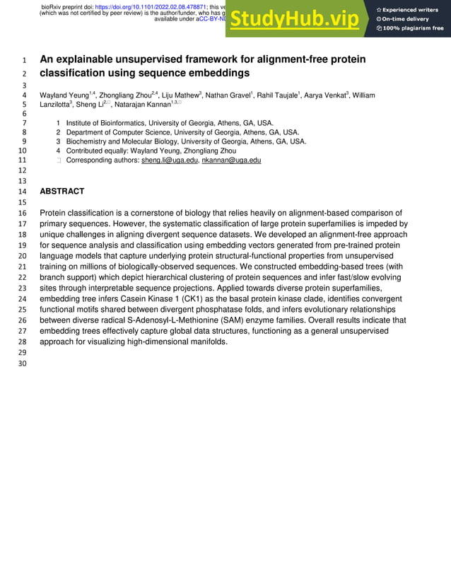 An Explainable Unsupervised Framework For Alignment Free Protein Classification Using Sequence