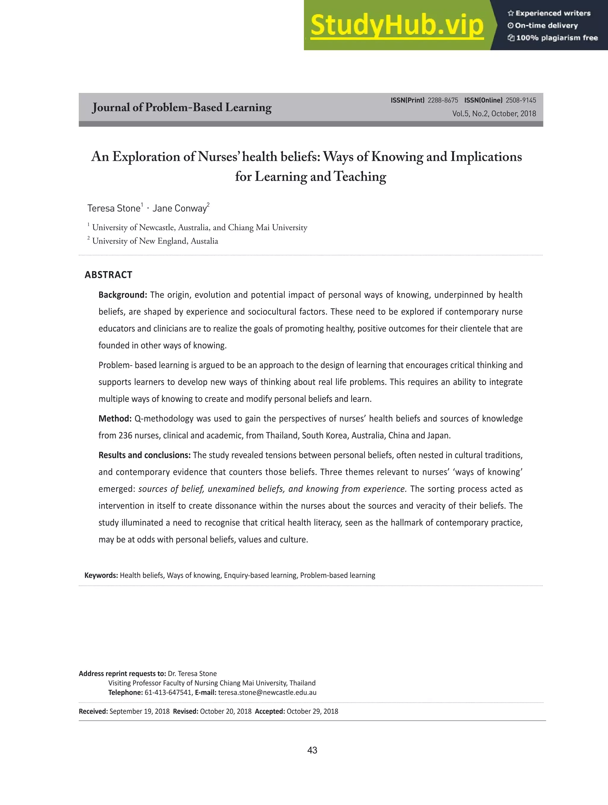 An Exploration Of Nurses Health Beliefs Ways Of Knowing And Implications For Learning And ...