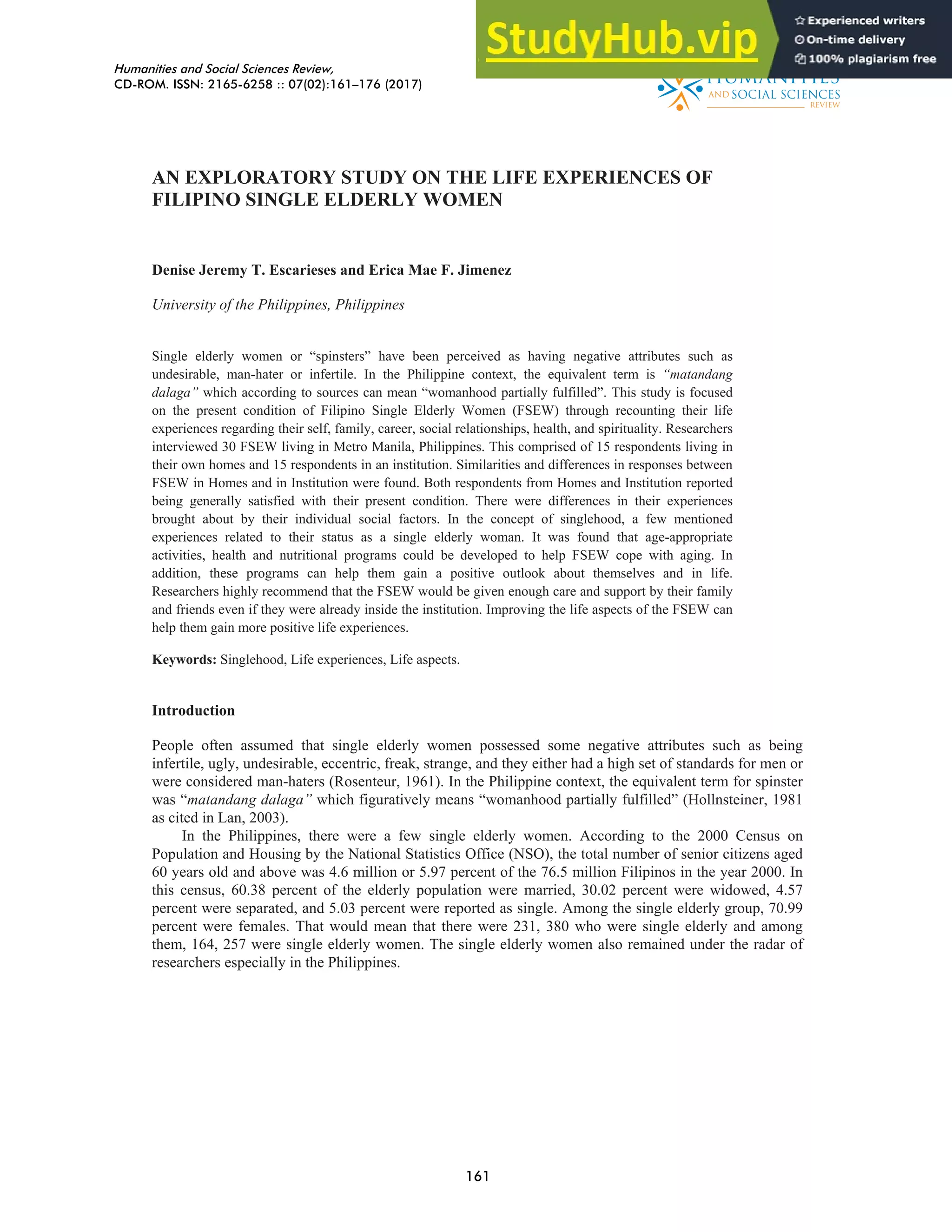 AN EXPLORATORY STUDY ON THE LIFE EXPERIENCES OF FILIPINO SINGLE ELDERLY ...