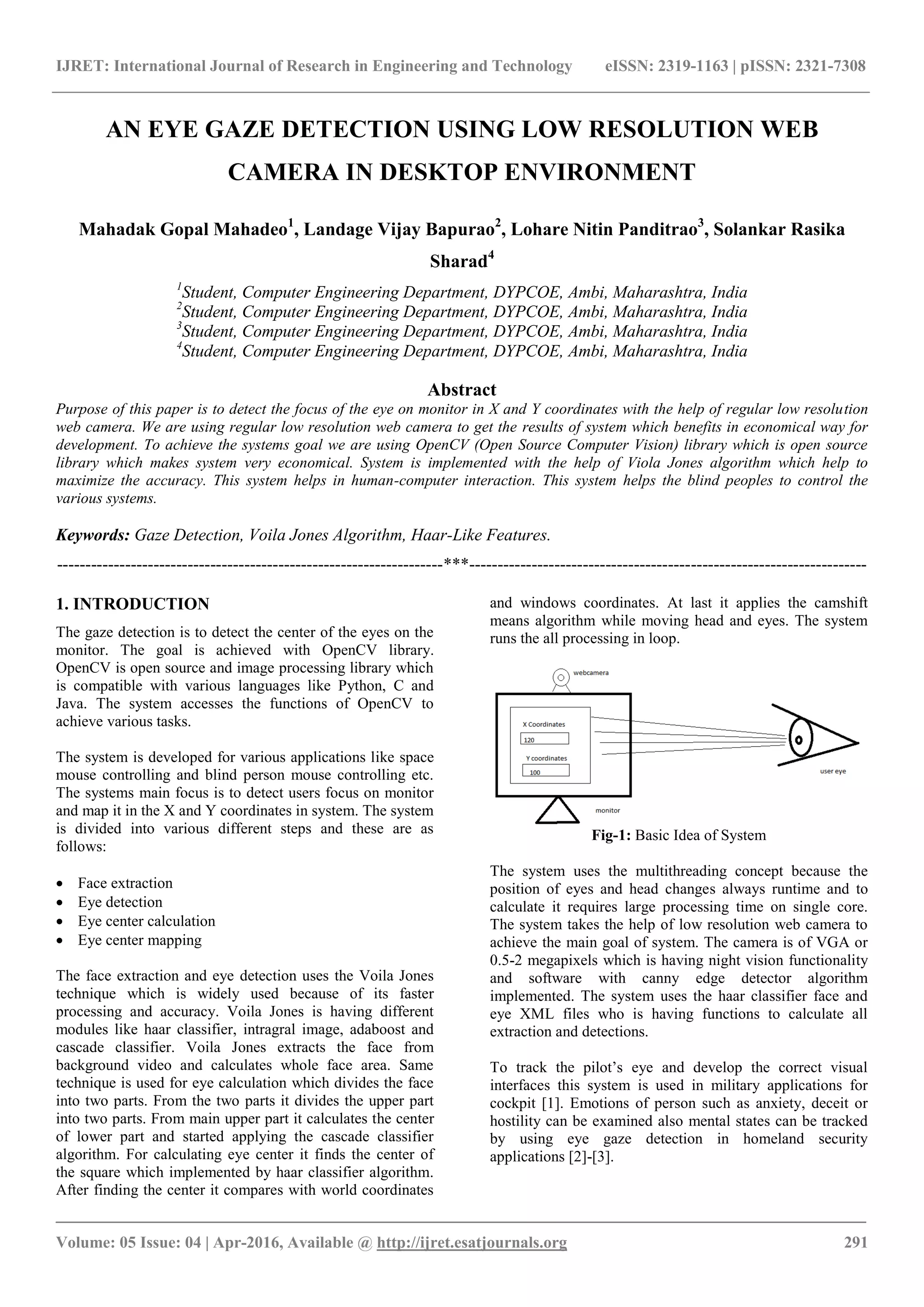 An Eye Gaze Detection Using Low Resolution Web Camera In Desktop Environment Pdf