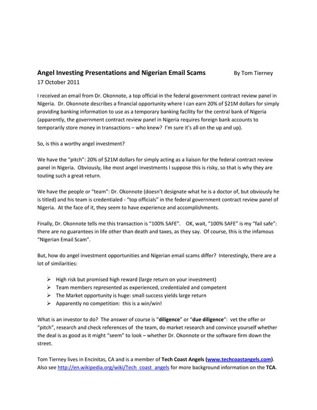 Angel investing-like-nigerian-email-scams | PDF
