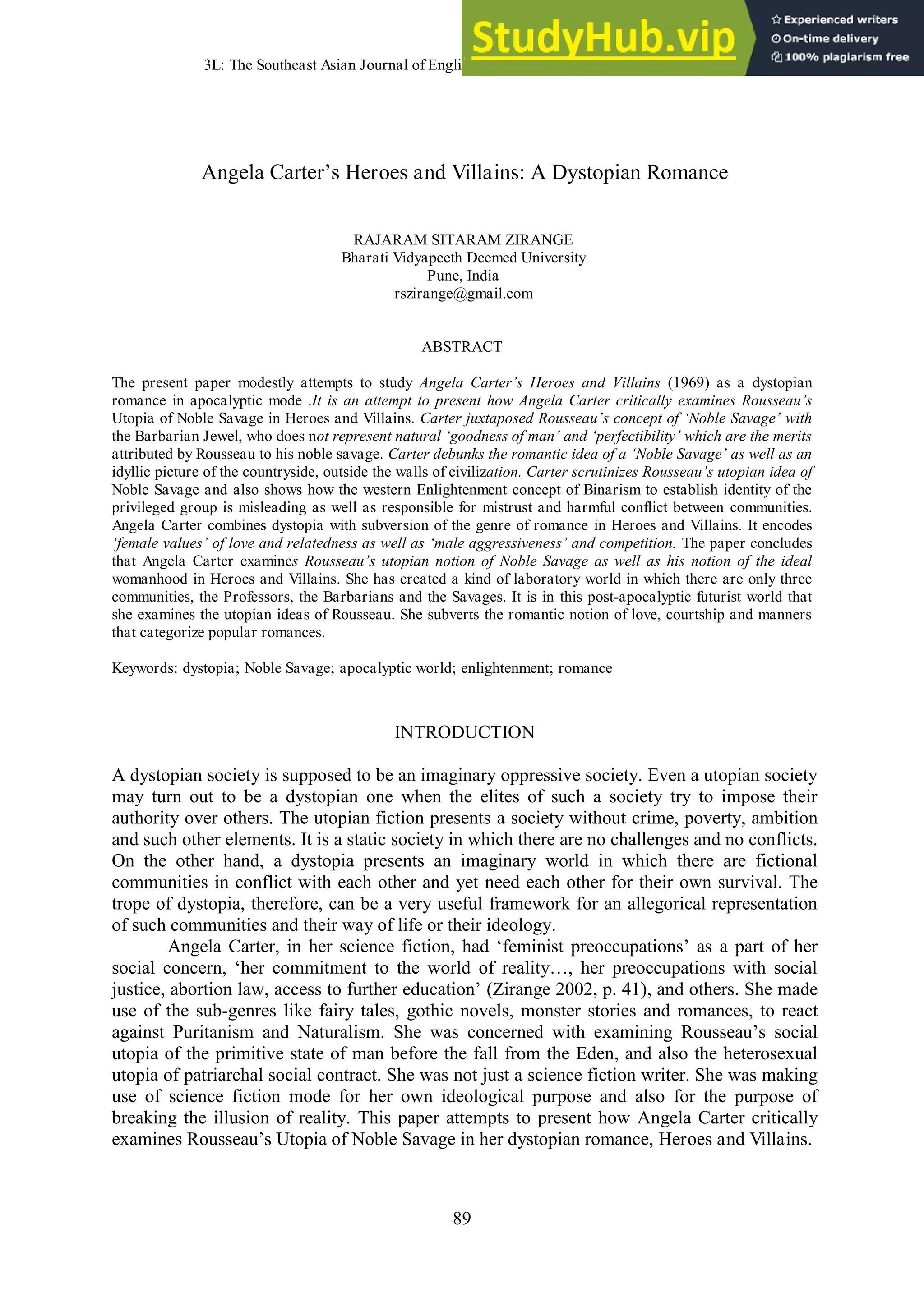 Angela Carter S Heroes And Villains A Dystopian Romance | PDF