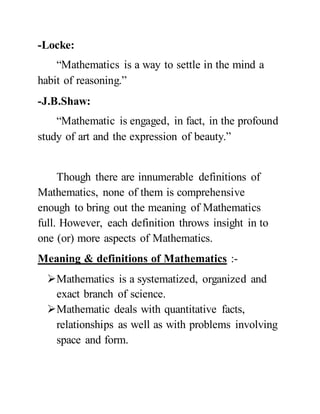 Nature ,Scope,Meaning and Definition of Mathematics | PDF