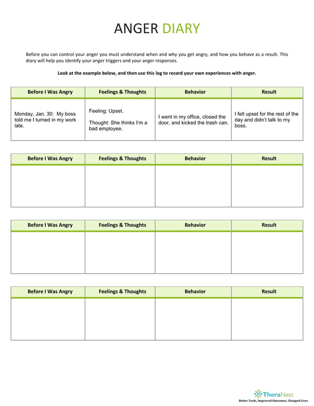 Anger Diary Worksheet - TheraNest.com