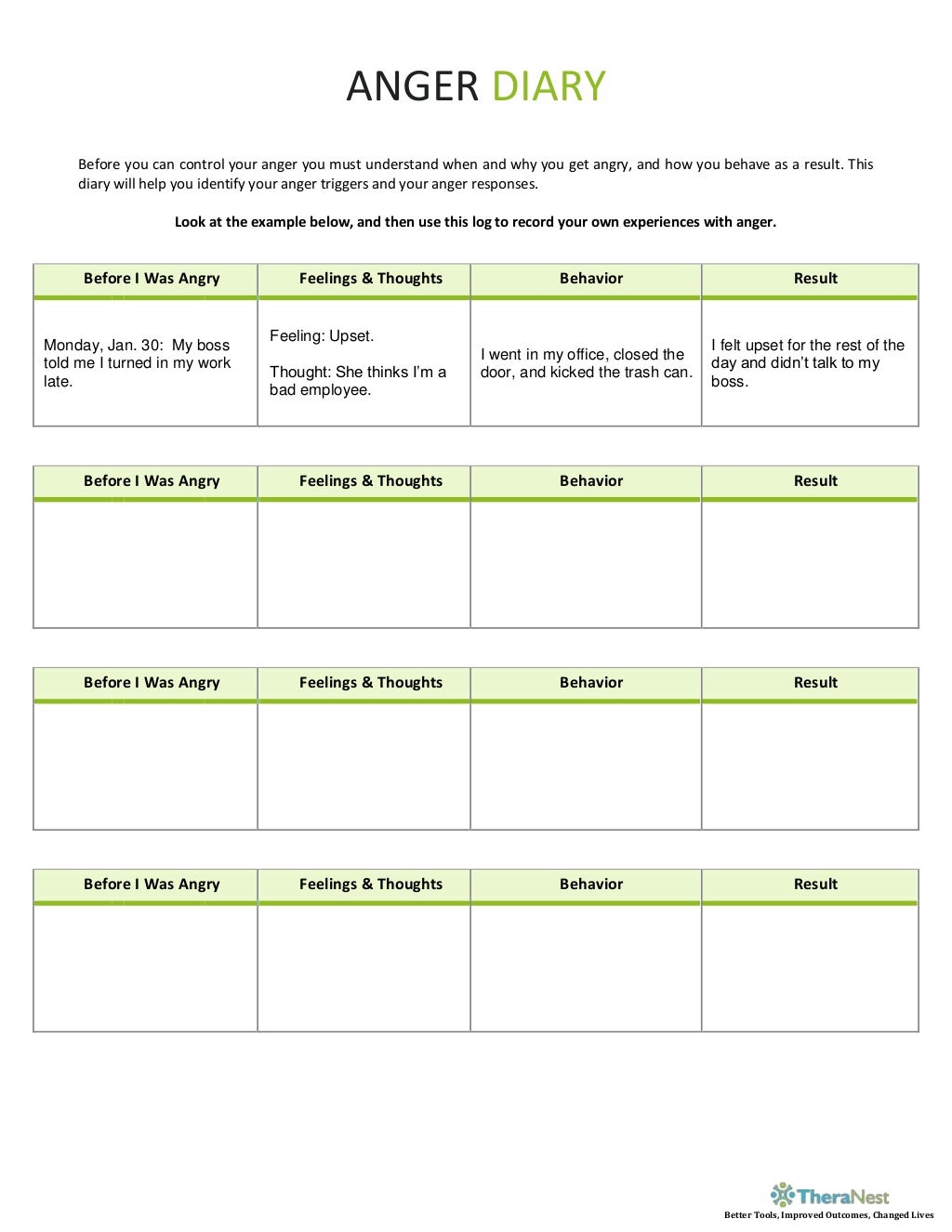 Anger Diary Worksheet - TheraNest.com