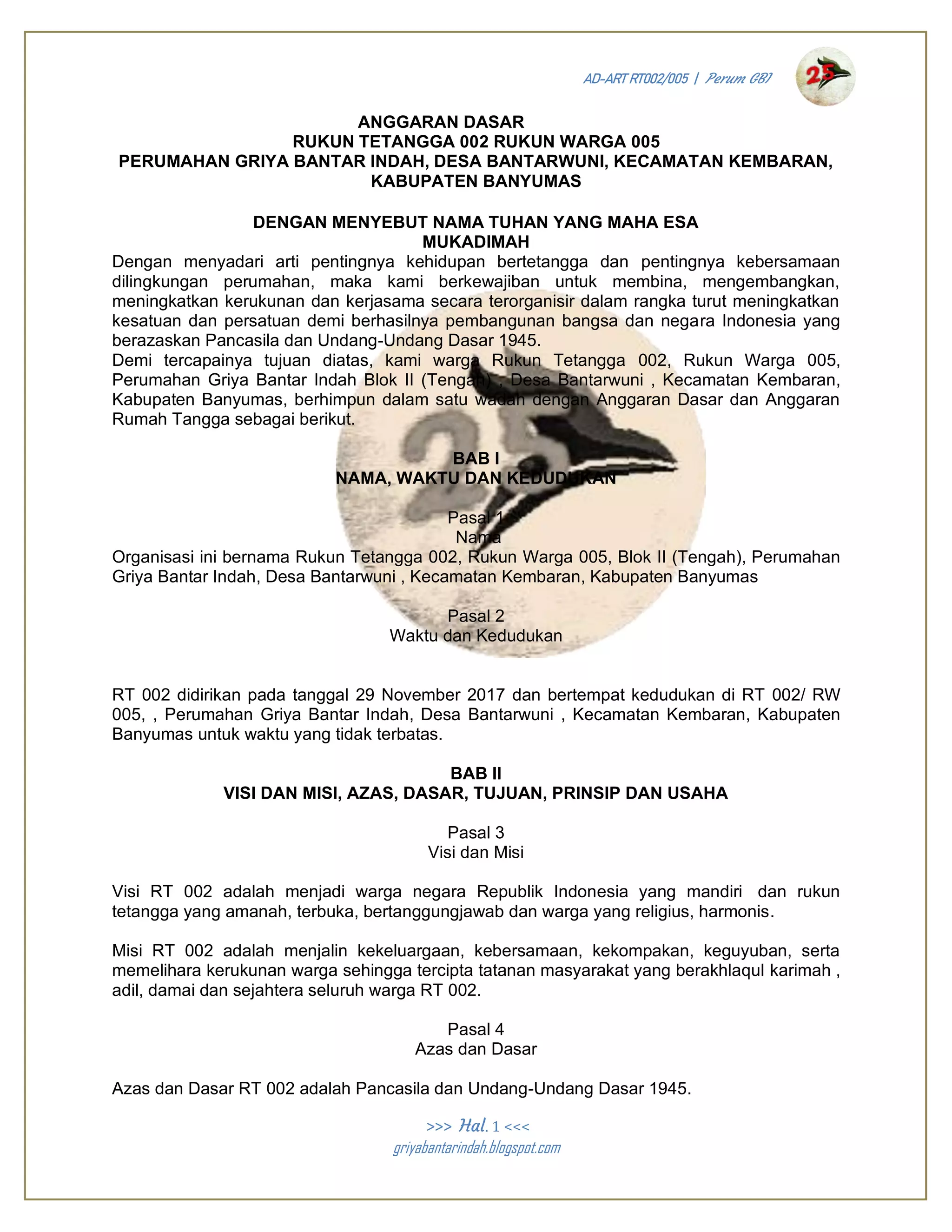 Anggaran dasar ad art RT 002/005 perum gbi purwokerto | PDF