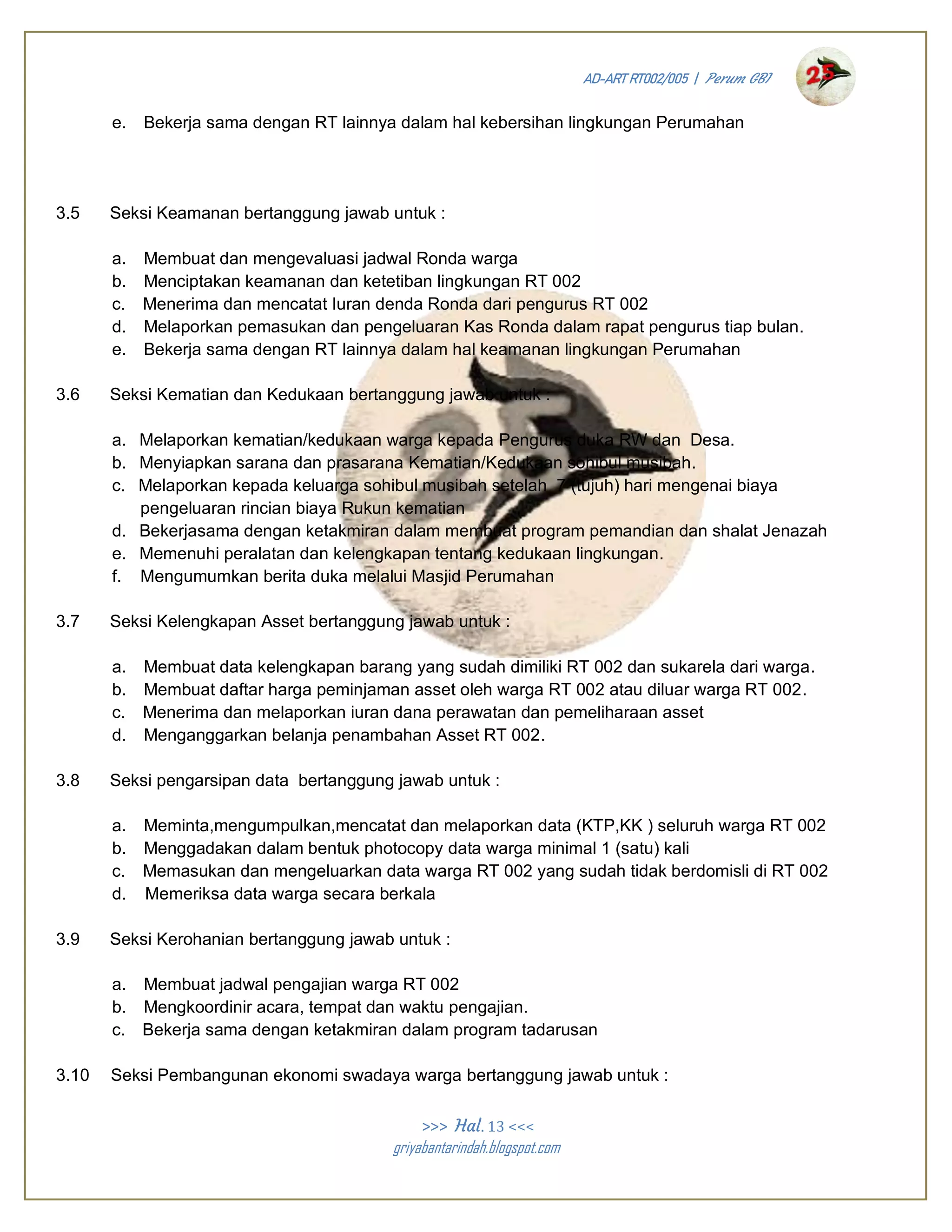 Anggaran dasar ad art RT 002/005 perum gbi purwokerto | PDF