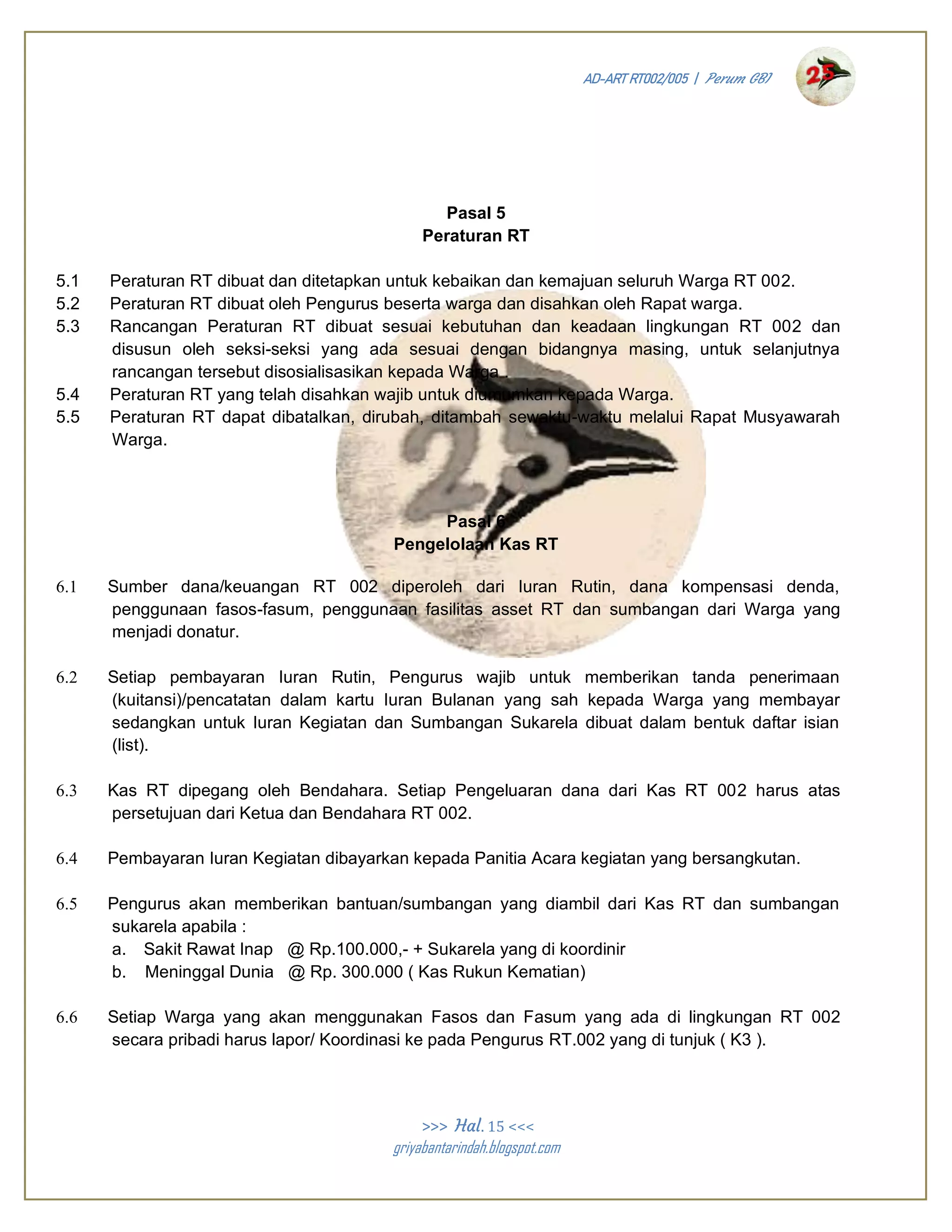 Anggaran dasar ad art RT 002/005 perum gbi purwokerto | PDF