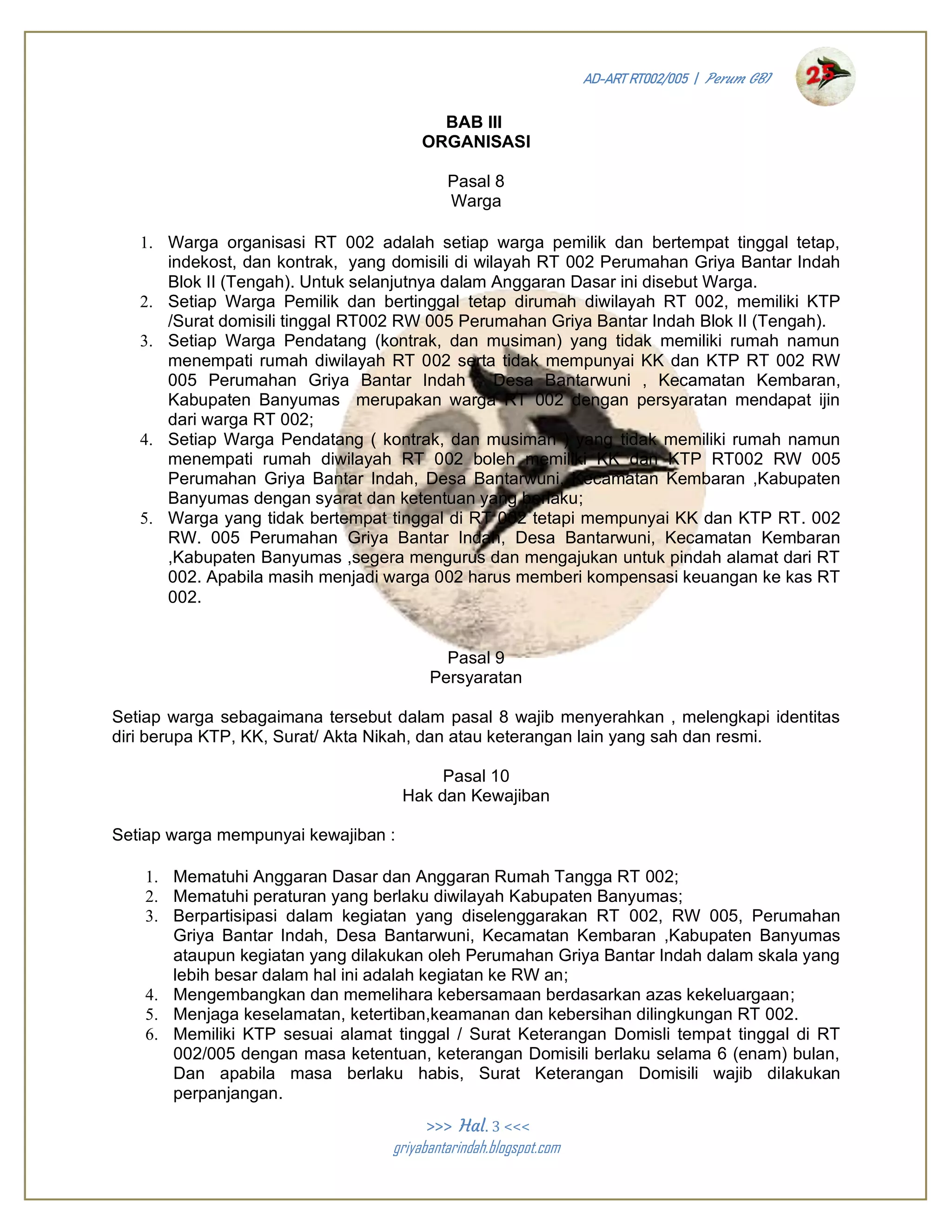 Anggaran dasar ad art RT 002/005 perum gbi purwokerto | PDF