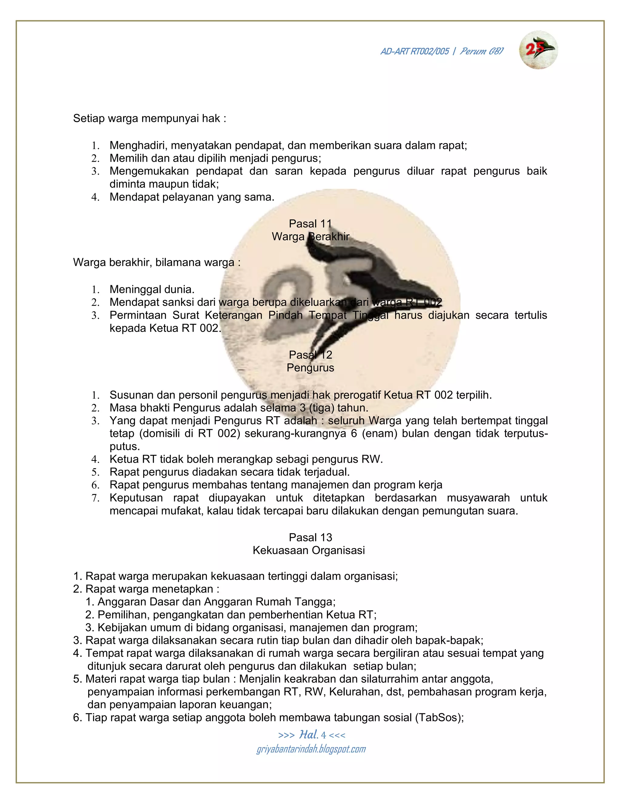 Anggaran dasar ad art RT 002/005 perum gbi purwokerto | PDF