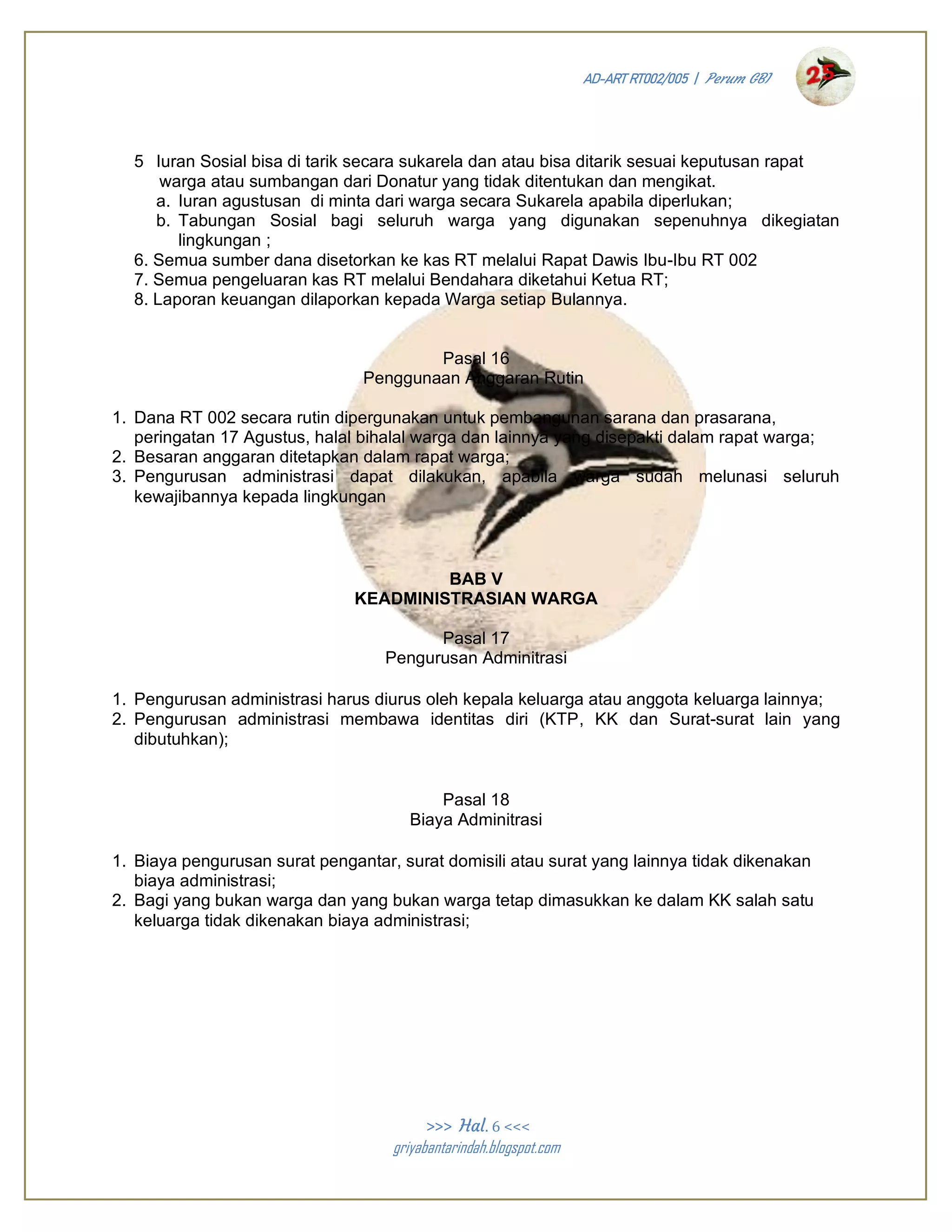 Anggaran dasar ad art RT 002/005 perum gbi purwokerto | PDF