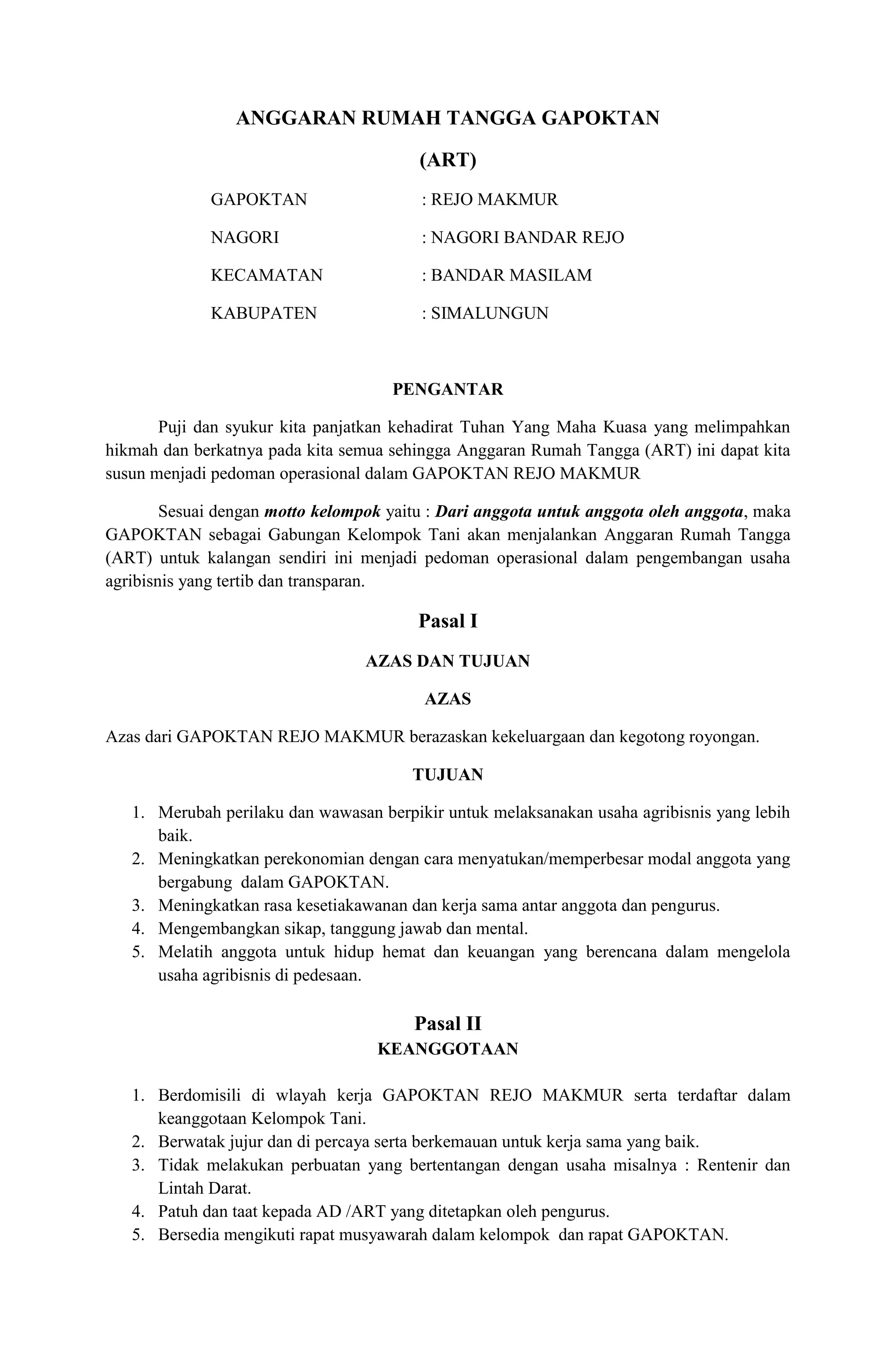 Anggaran dasar dan anggaran rumah tangga | DOCX