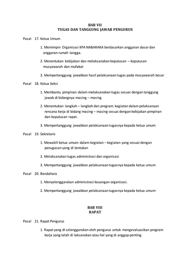 Anggaran dasar dan anggaran rumah tangga kpa nabaraka final | PDF