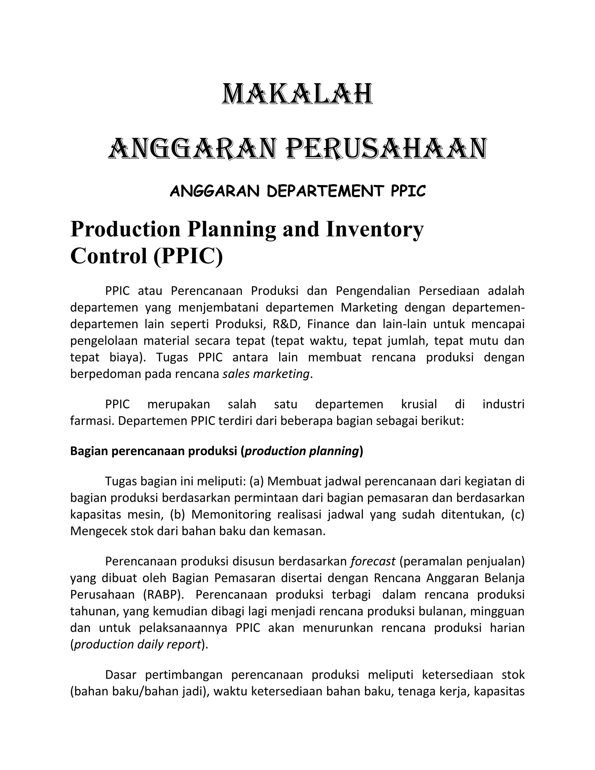 Anggaran Ppic Departement | PDF