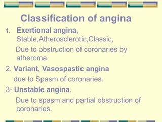 ANGINA PECTORIS ,METABOLISM ,CLASFICATION OF ANGINA, MECHANISM OF ...