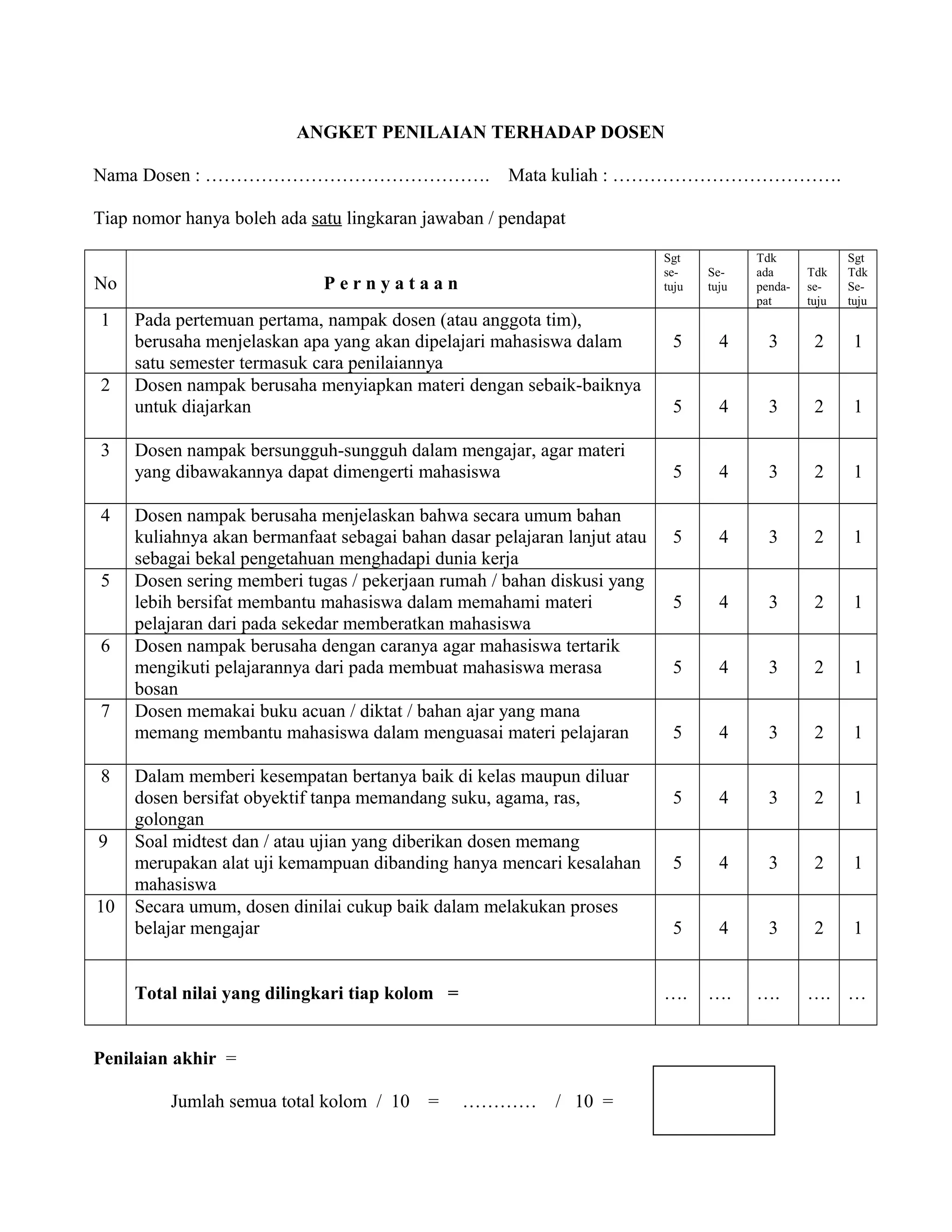 Angket utk-nilai-dosen | DOC