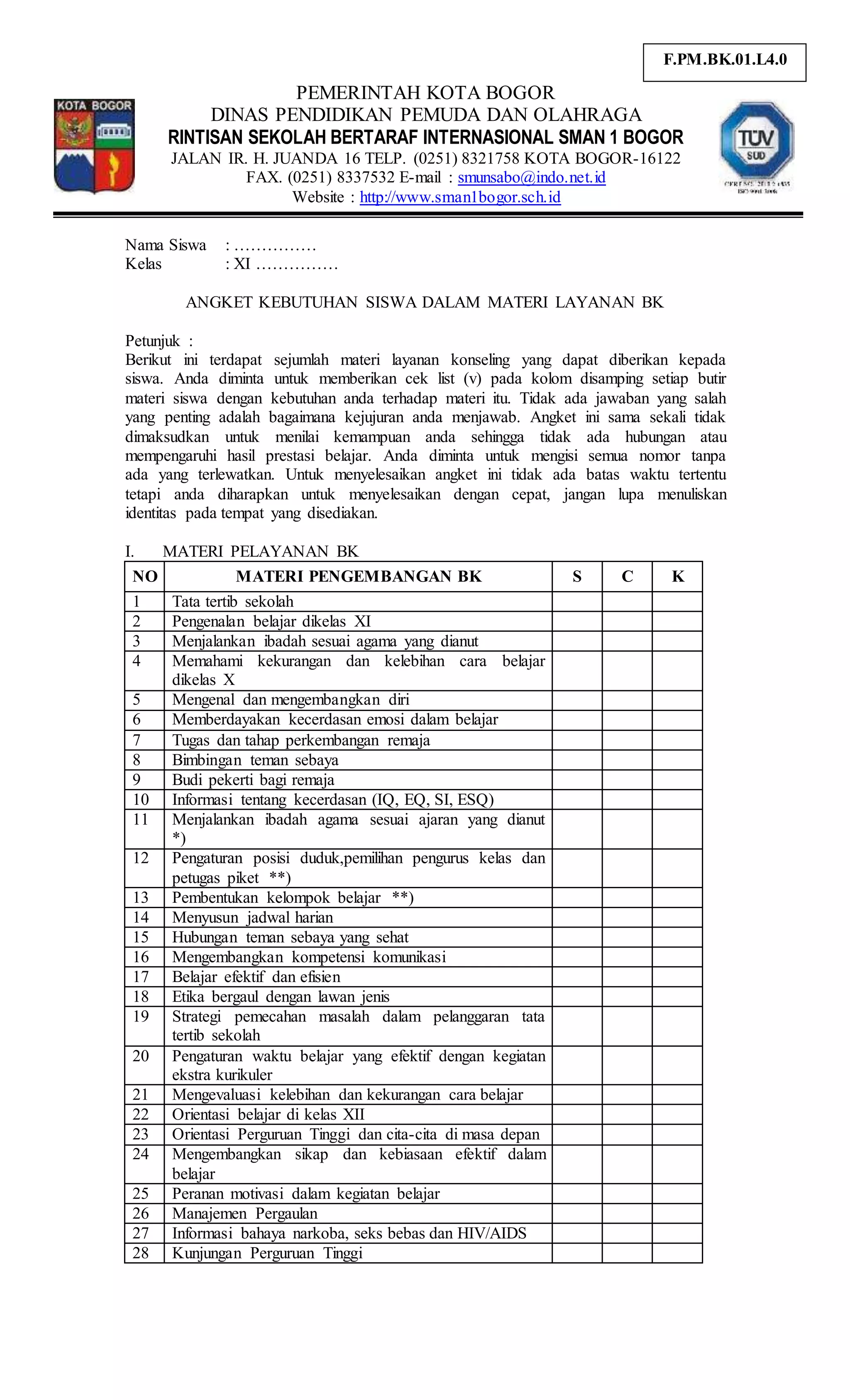 Angket kebutuhan siswa xi | DOC