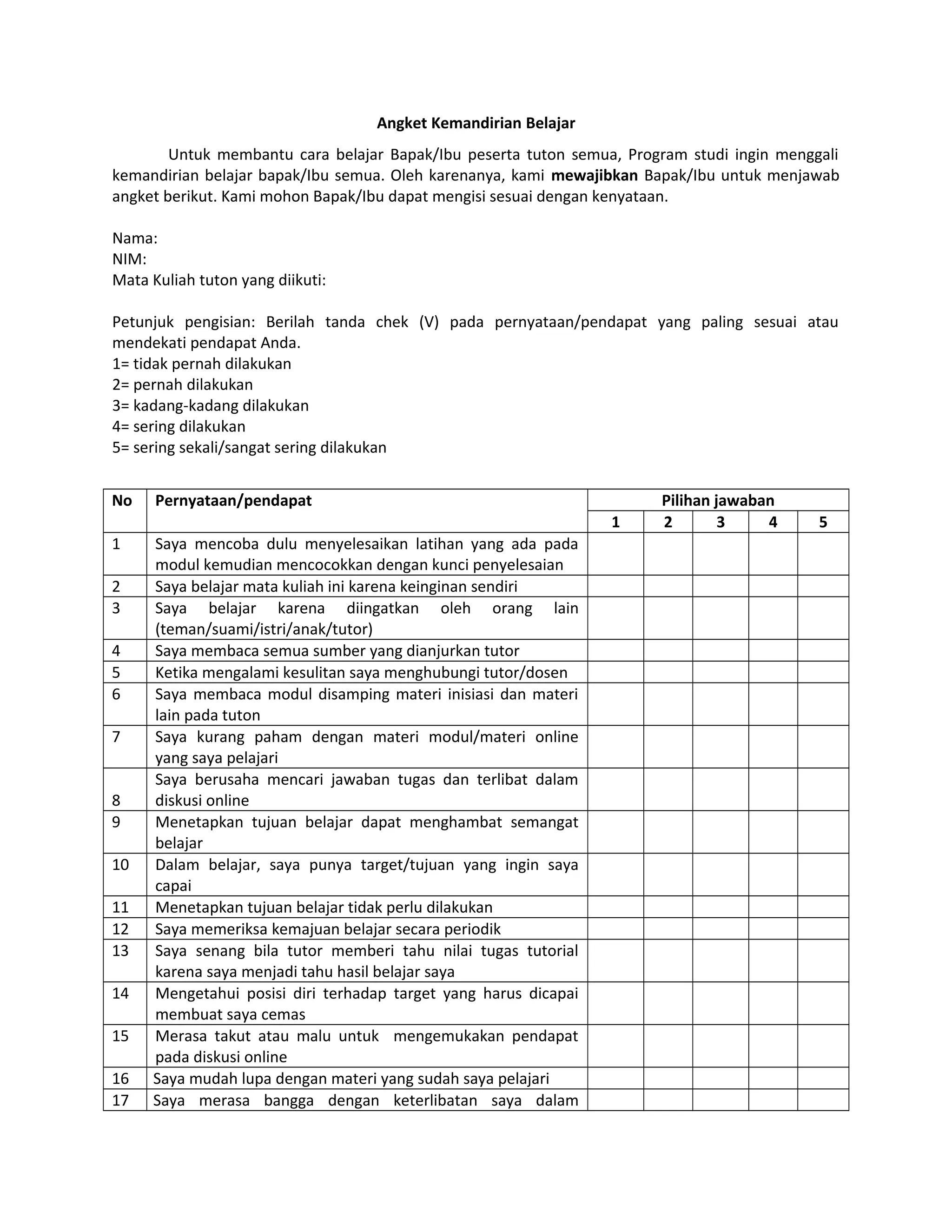 Angket kemandirian belajar | DOC