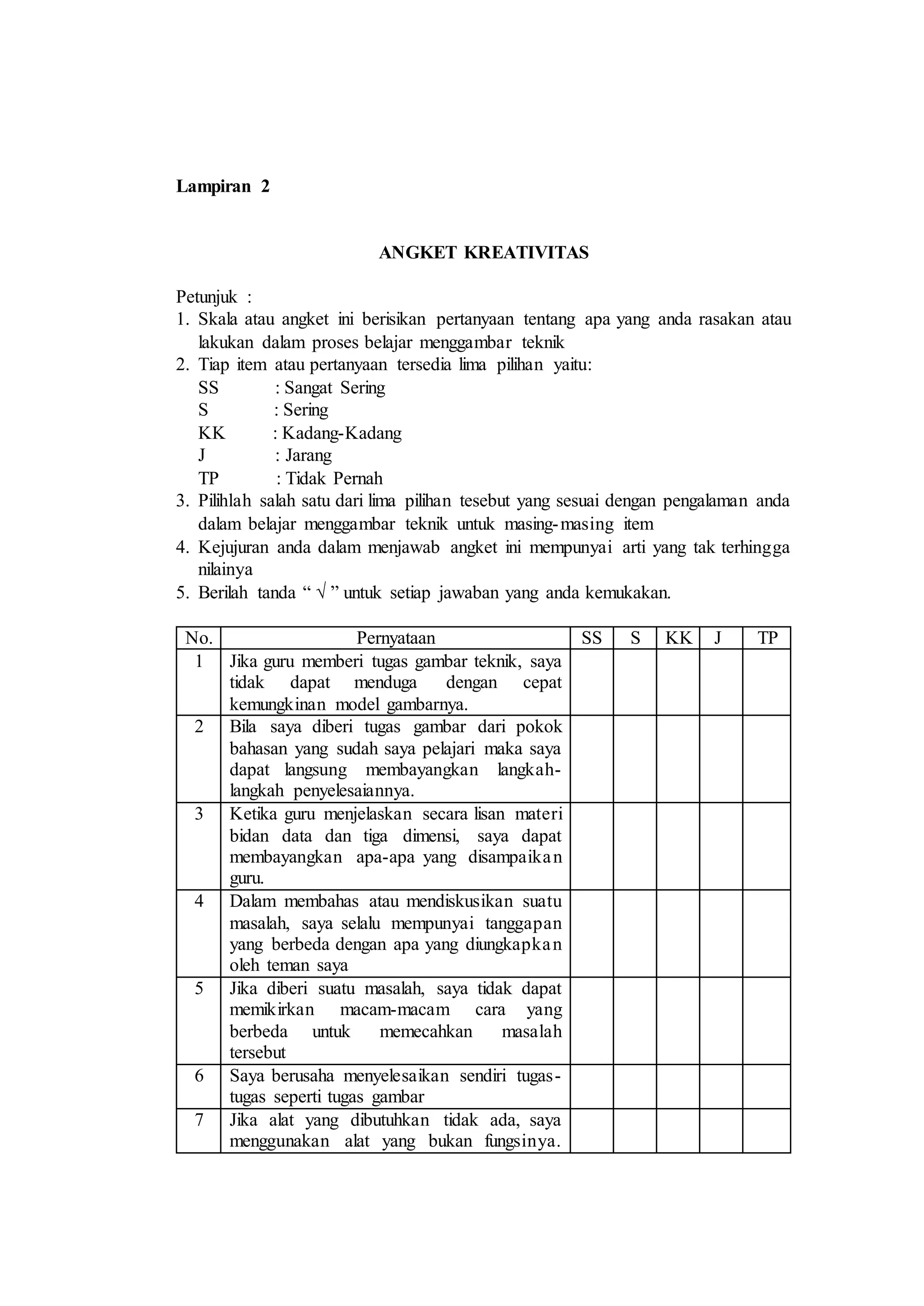 Angket kreativitas belajar | DOCX