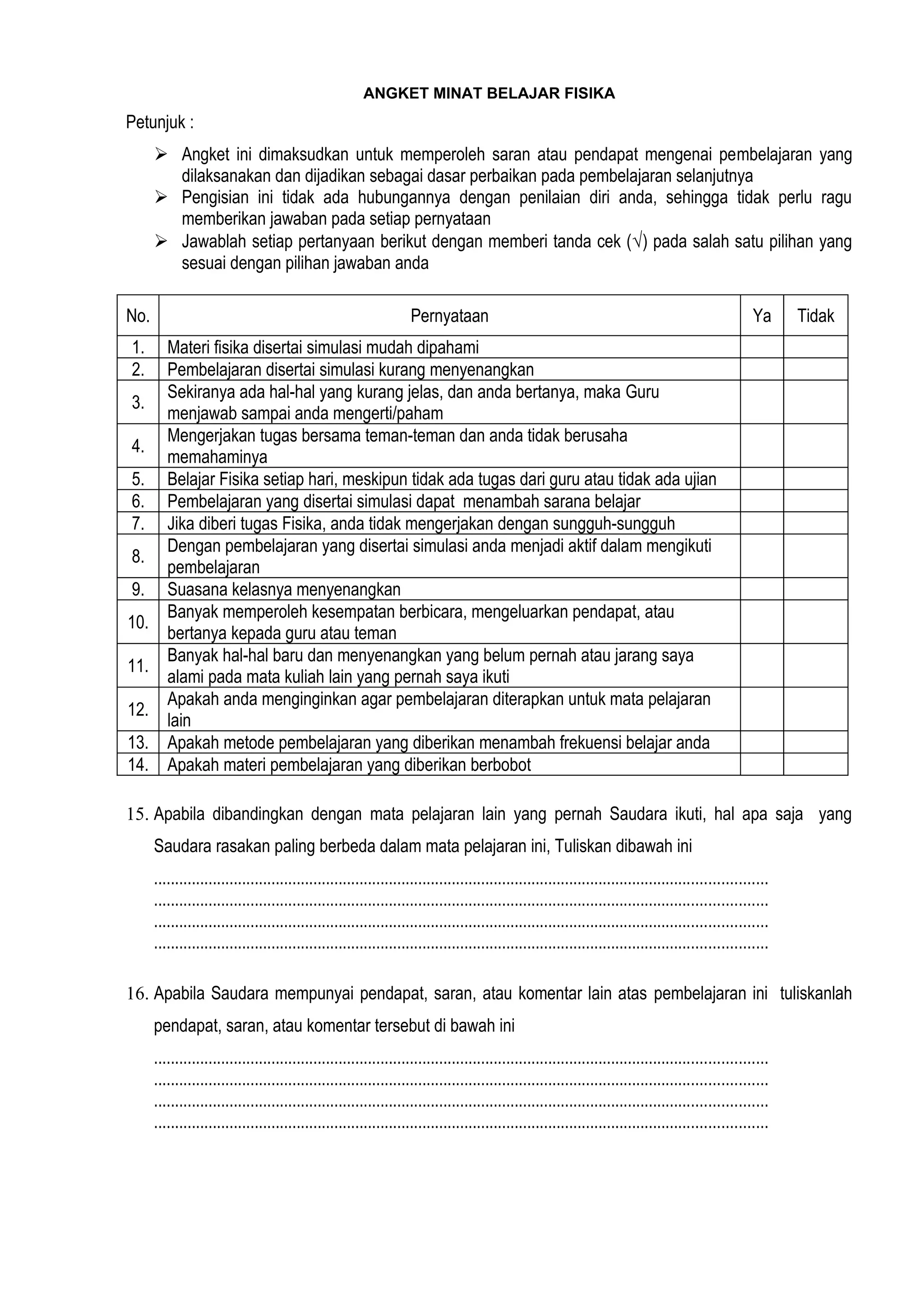 Angket minat belajar | DOC