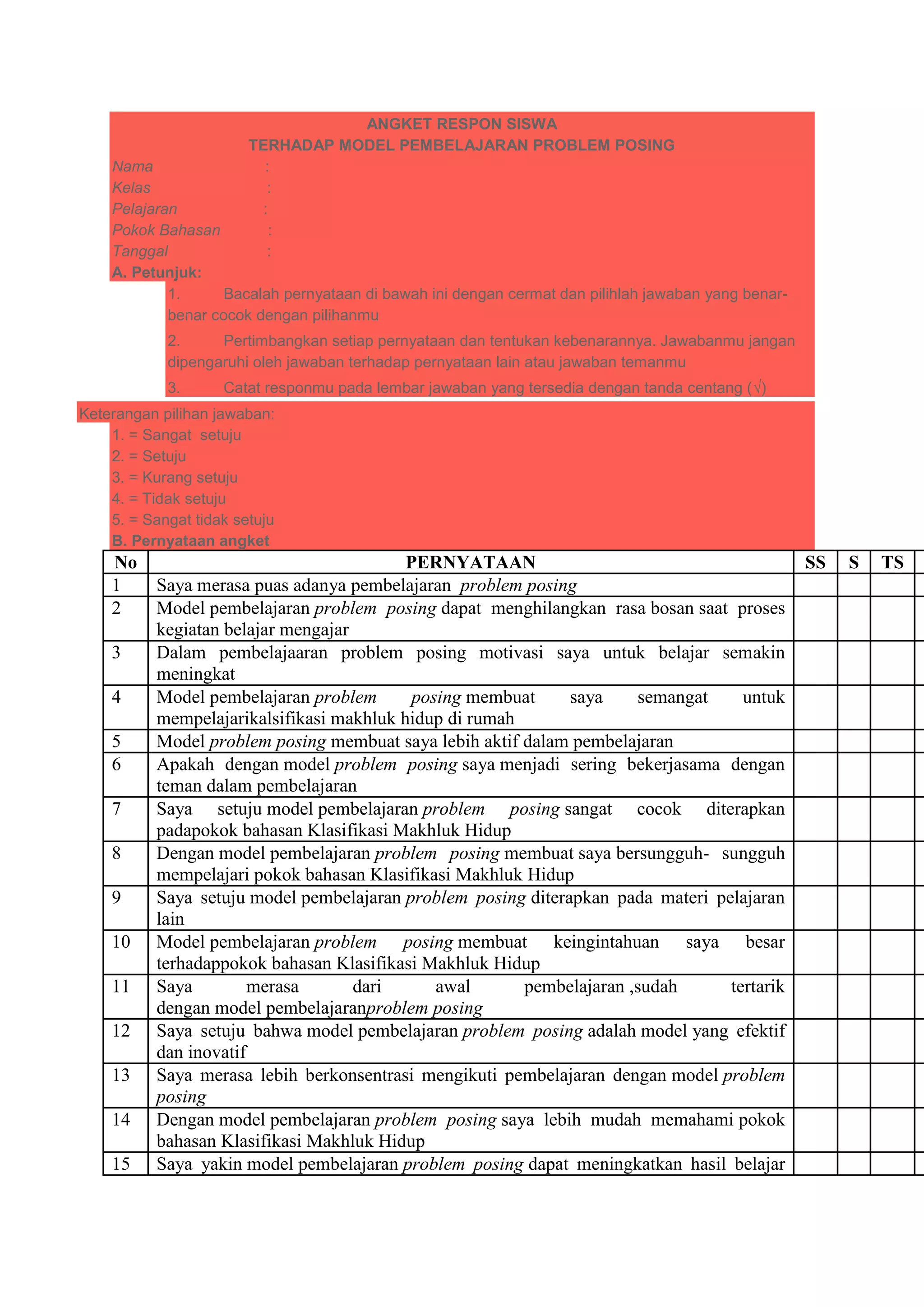 Angket respon siswa | DOCX