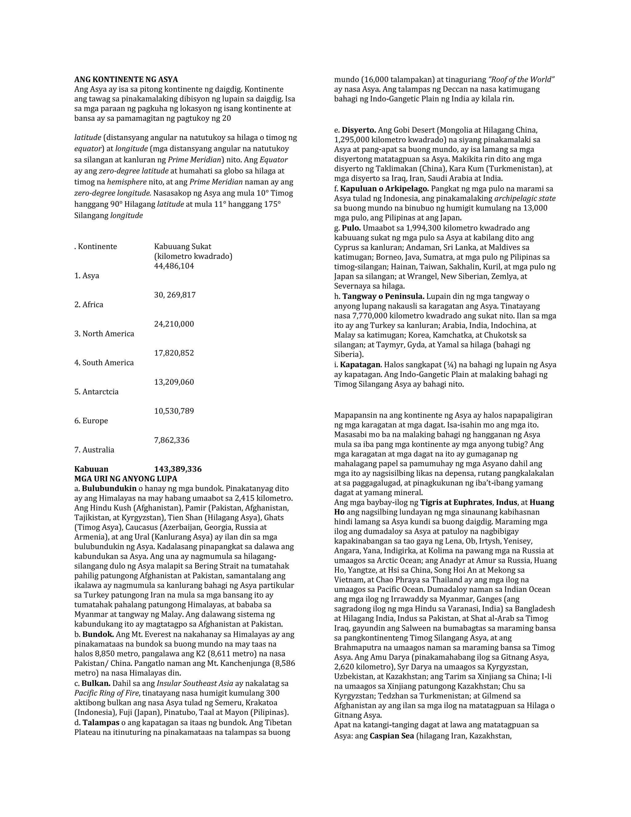 Ang kontinente ng asya | DOCX