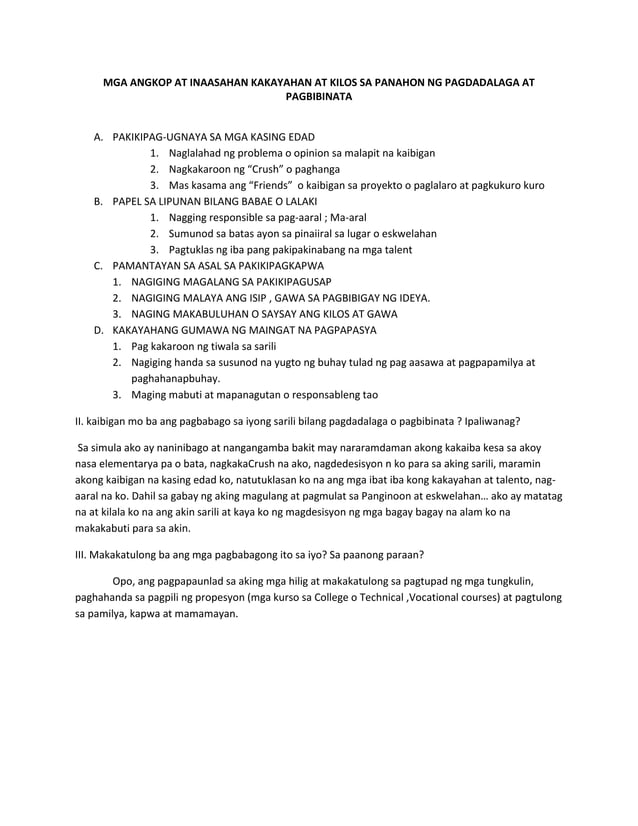 MGA ANGKOP AT INAASAHAN KAKAYAHAN AT KILOS SA PANAHON NG PAGDADALAGA AT ...