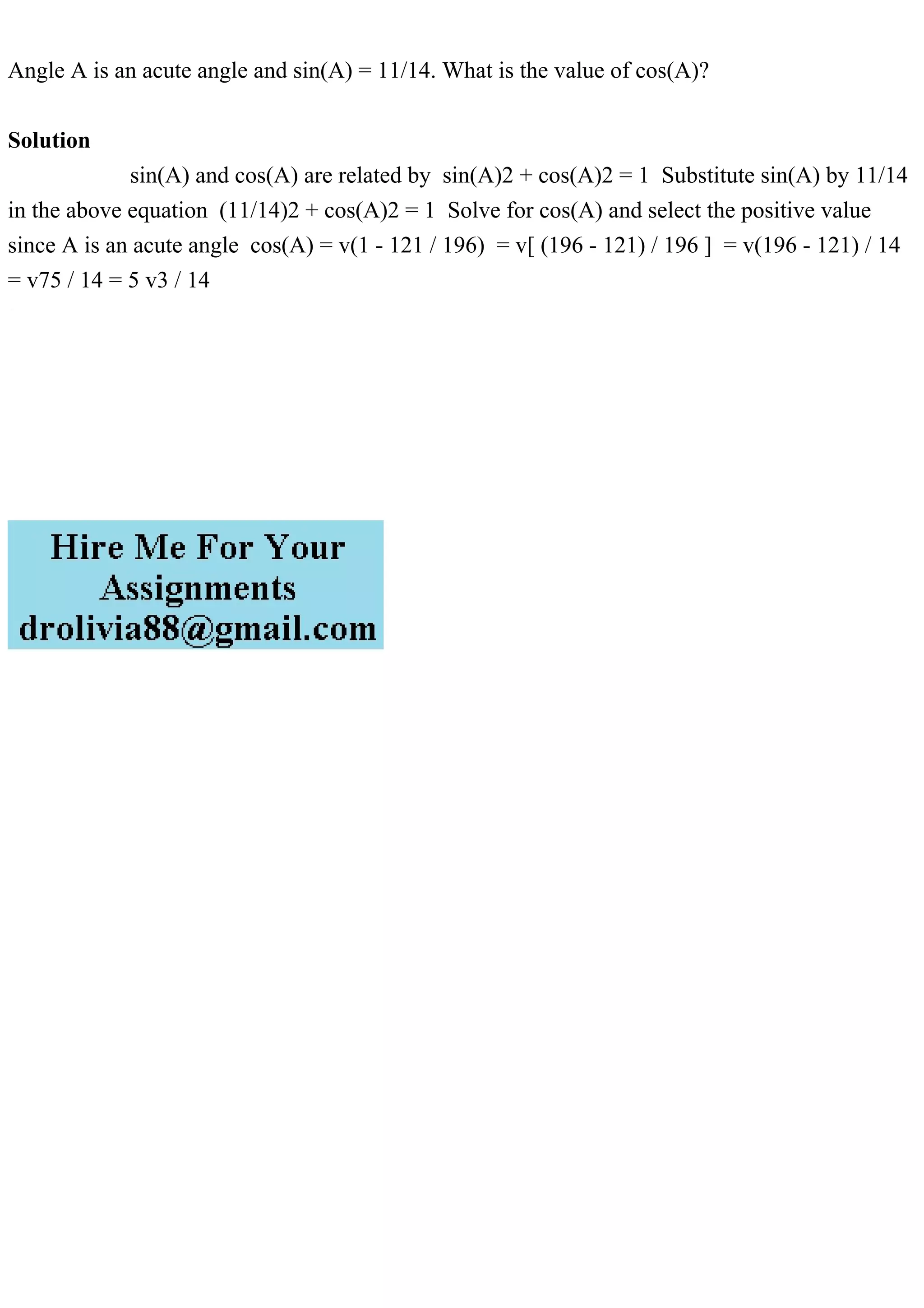 Angle A is an acute angle and sin(A) = 1114. What is the value of c.pdf