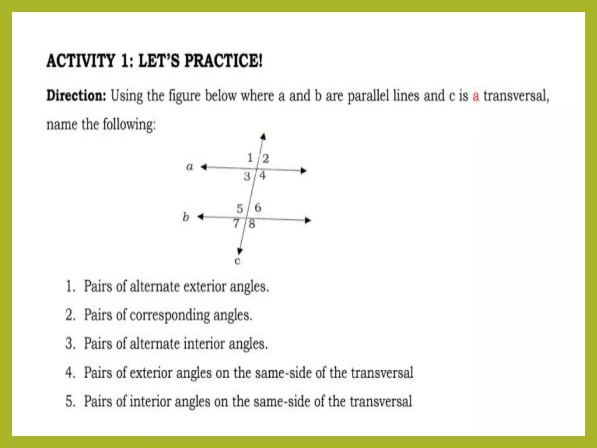 angles formed when two parallel lines are cut by a transversal.ppt ...