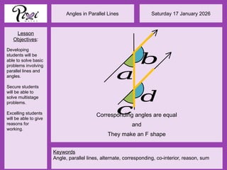 Angles in parallel lines - grade 8-9 lesson | PPTX