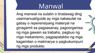 Ang Manwal, kahulugan, katangian, bahagi | PPTX