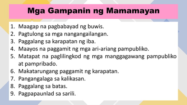 Ang mga Gampanin ng Pamahalaan at Mamamayan sa Pagkamit ng Kaunlaran ng ... Ang mga Gampanin ng Pamahalaan at Mamamayan sa Pagkamit ng Kaunlaran ng ...