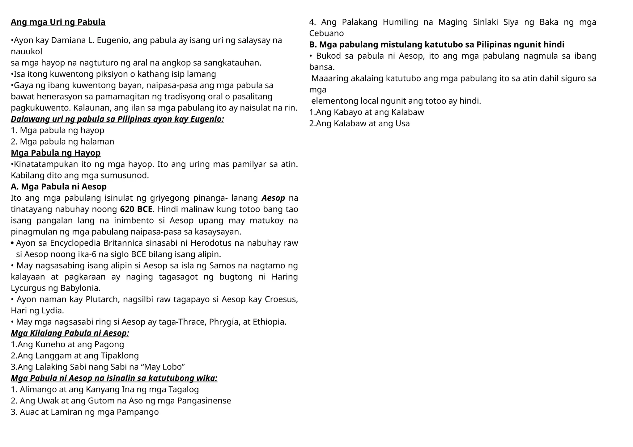 Ang mga Uri ng Pabula grade 9 FILIPINO . doc | DOCX