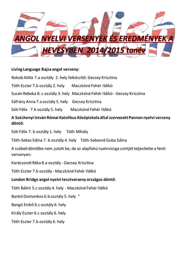 Angol nyelvi versenyek és eredmények a Hevesyben 2014 | PDF