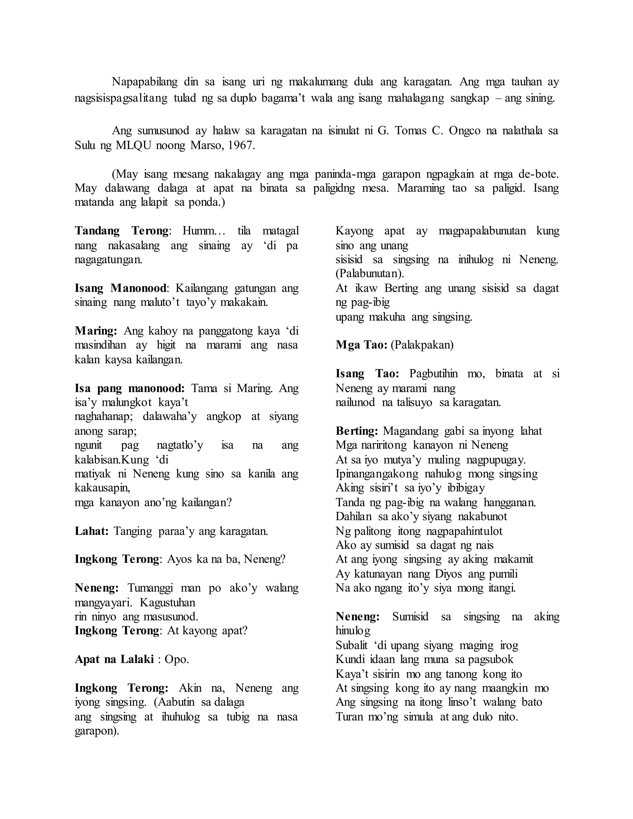 Ang pabigkas na tradisyong patula, inaawit at isinasayaw | DOCX