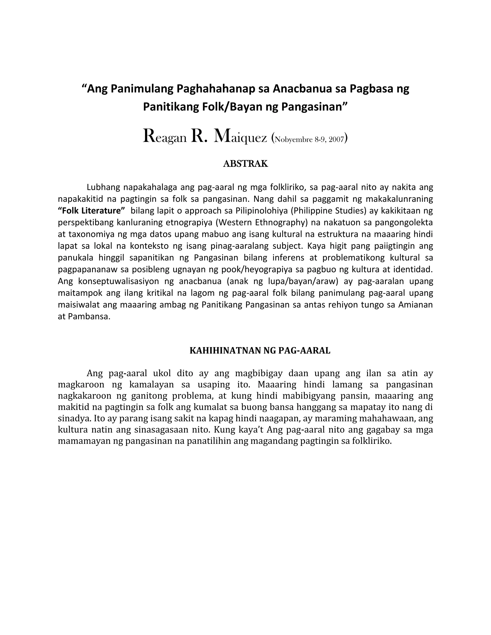 Ang panimulang paghahahanap sa anacbanua sa pagbasa ng panitikang folk ...