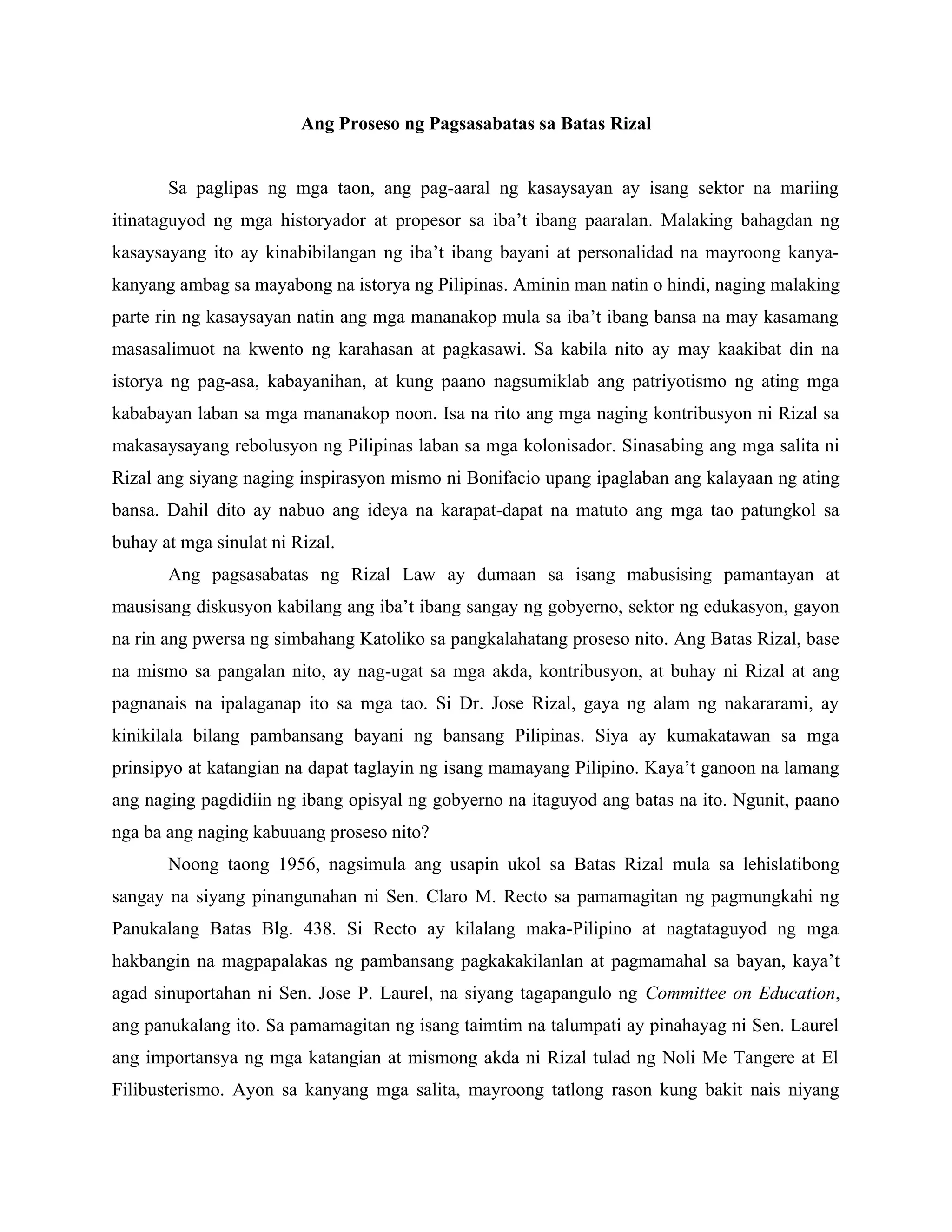 Ang Proseso ng Pagsasabatas sa Batas Rizal | DOCX