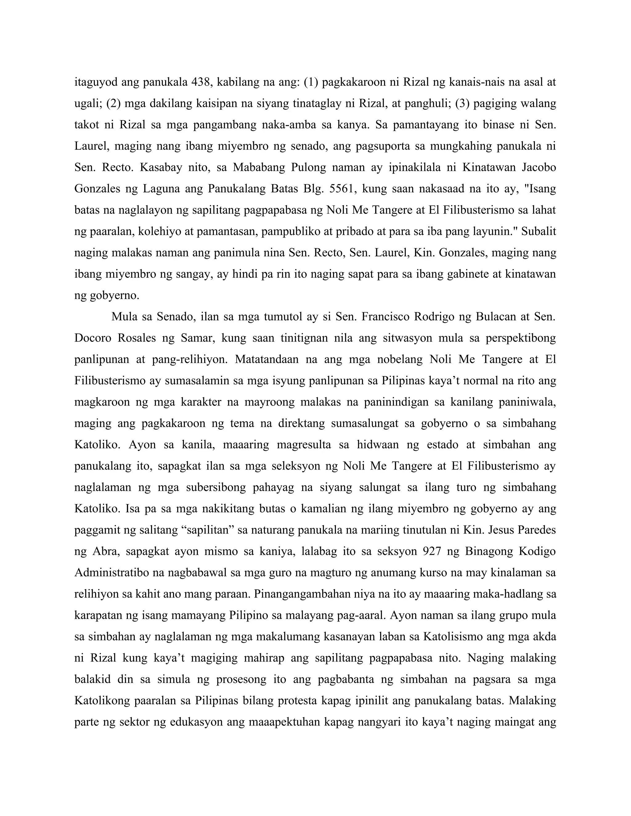 Ang Proseso ng Pagsasabatas sa Batas Rizal | DOCX