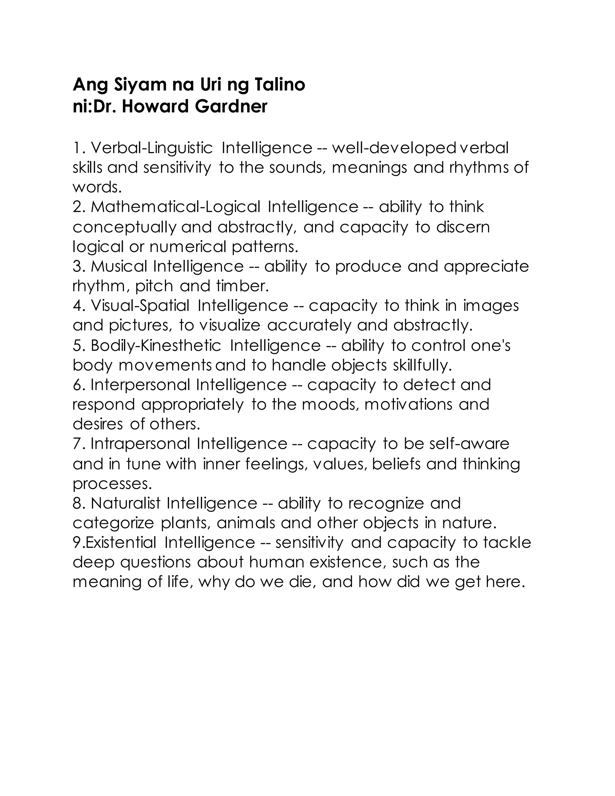 Ang siyam na uri ng talino | DOCX