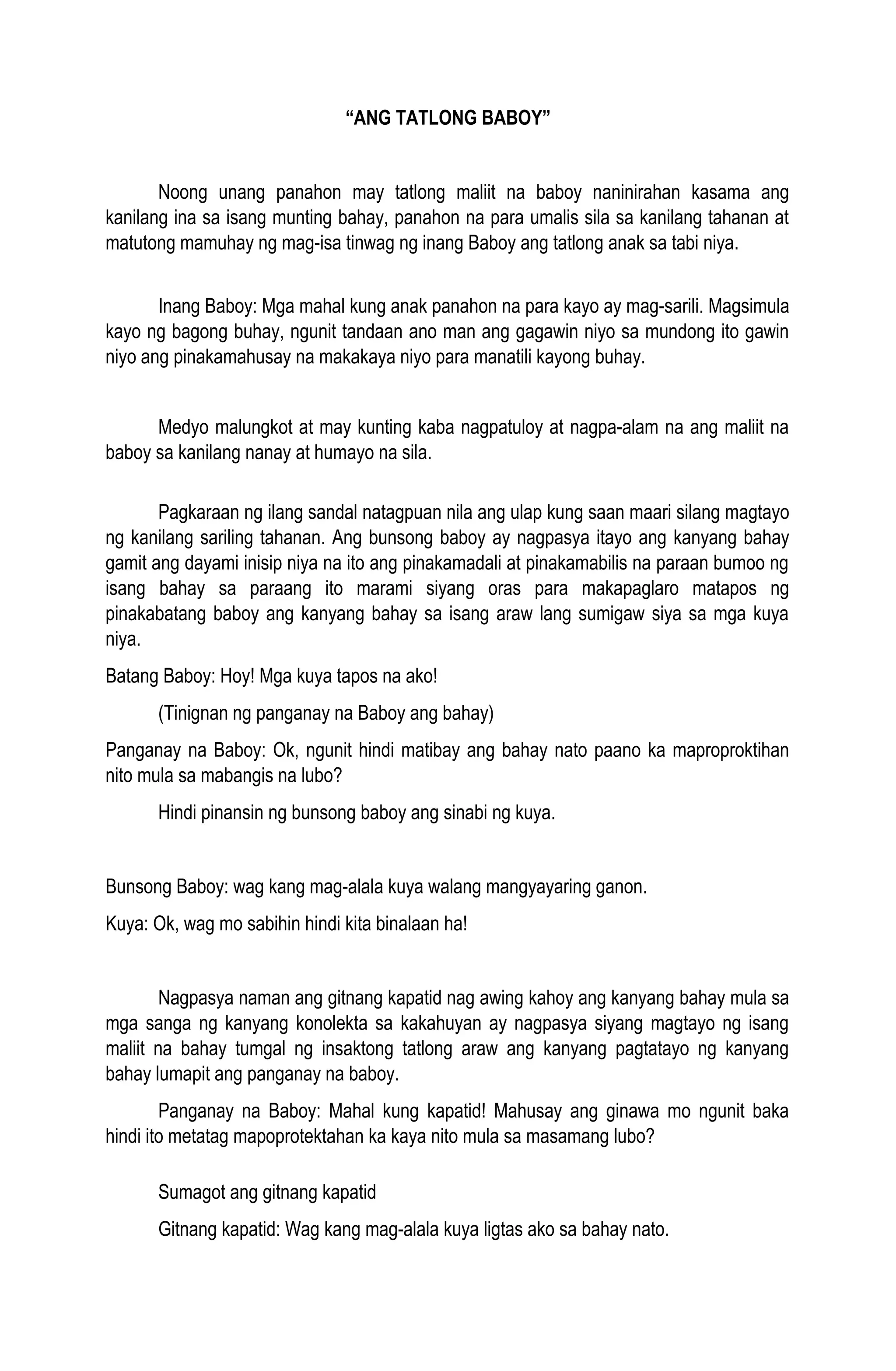 Ang Tatlong Baboy sinugbuanong bninsaya story | DOCX