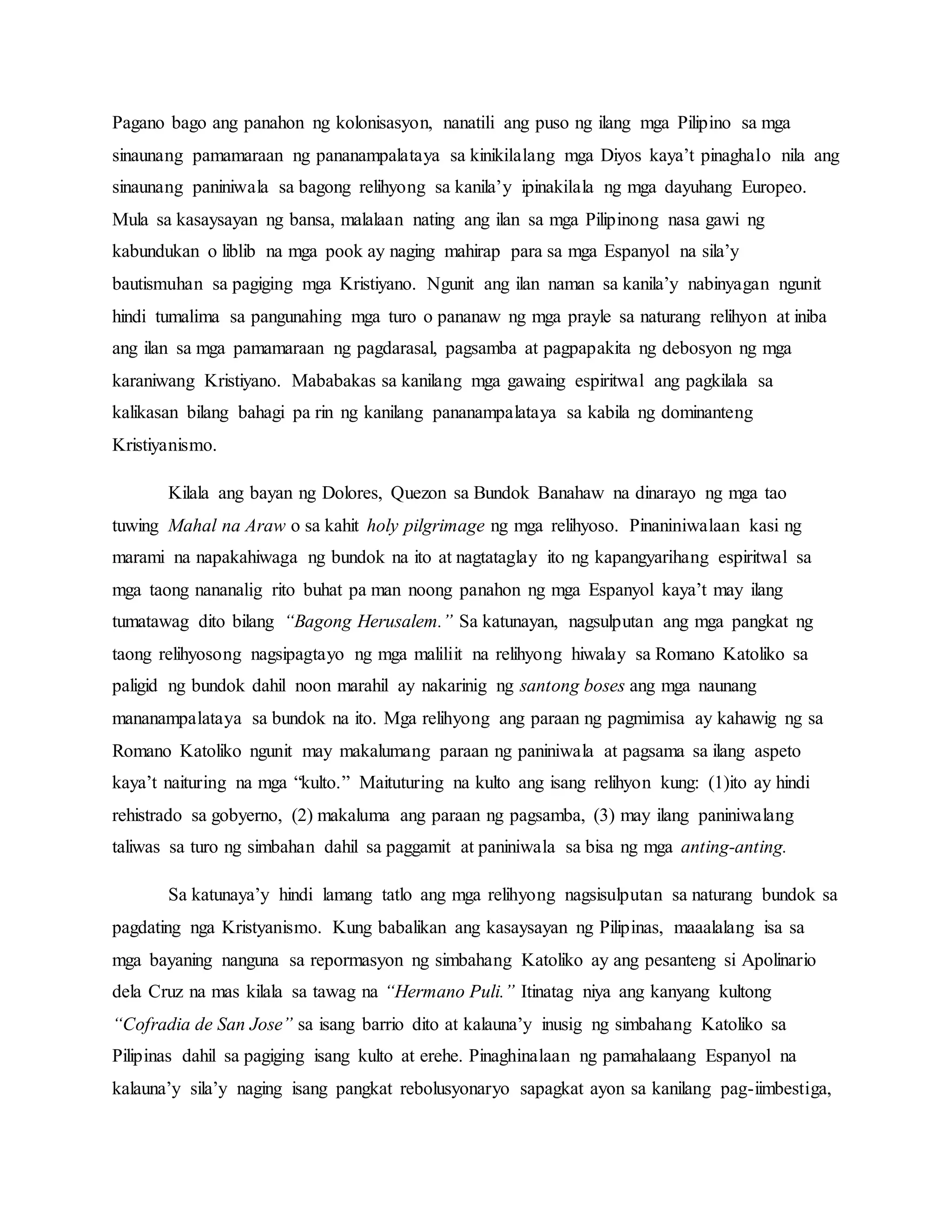 Ang Tatlong Pangunahing Kulto ng Bundok Banahaw sa Lalawigan ng Quezon | DOCX