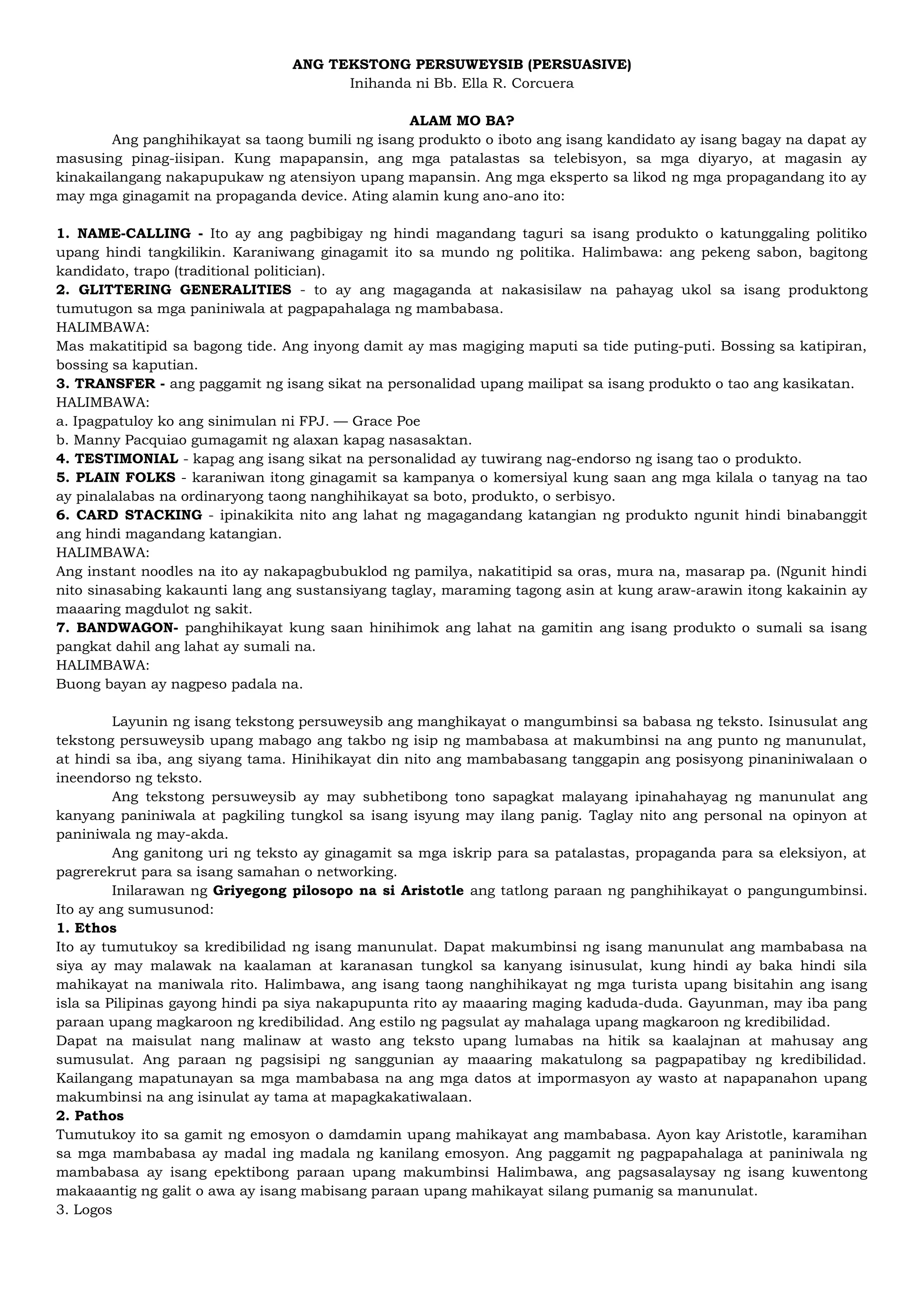 Ang Tekstong Persuweysib at ang mga dapat isaalang-alang | DOCX
