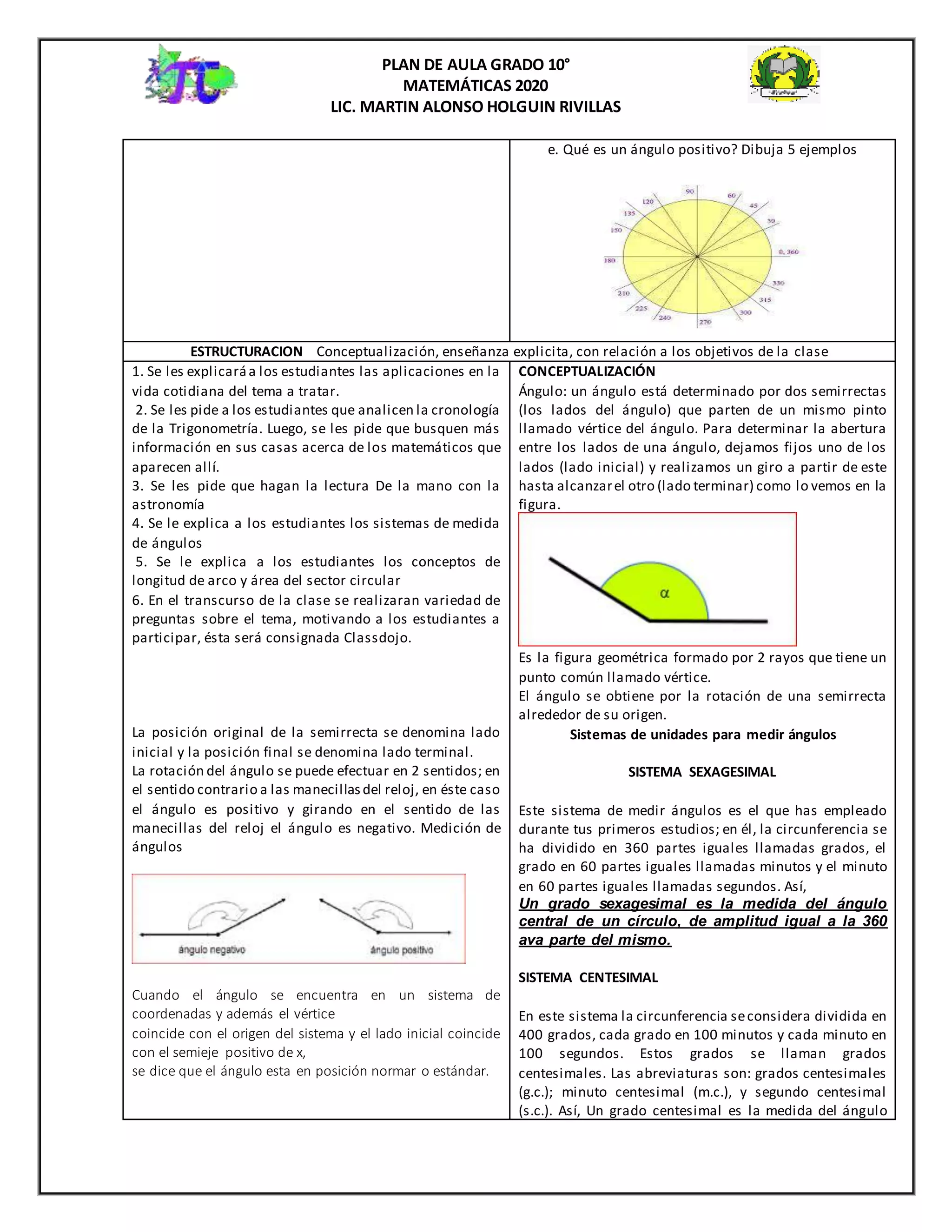 Angulos y sistemas de medicion de angulos clases 1 6 | DOCX