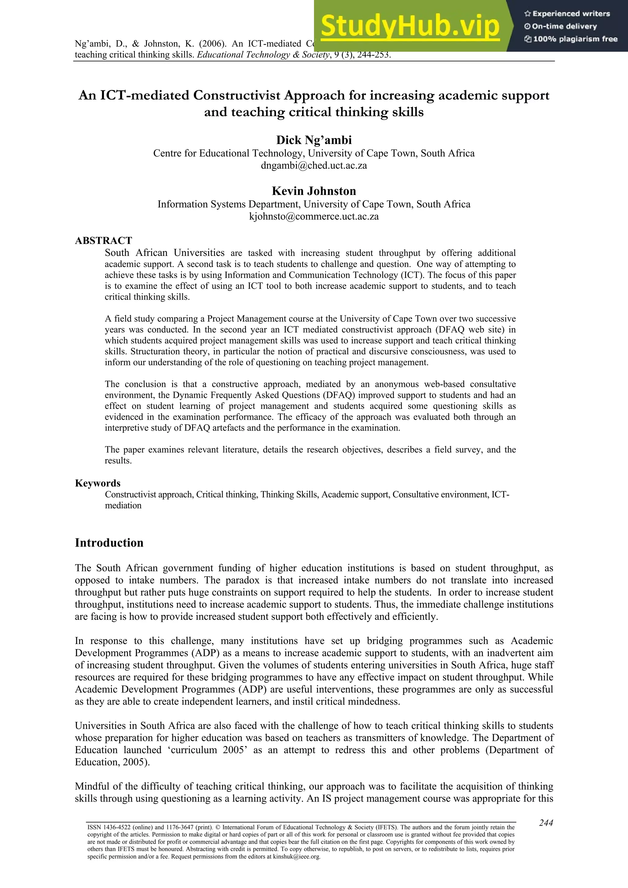 An ICT-Mediated Constructivist Approach For Increasing Academic Support And Teaching Critical ...