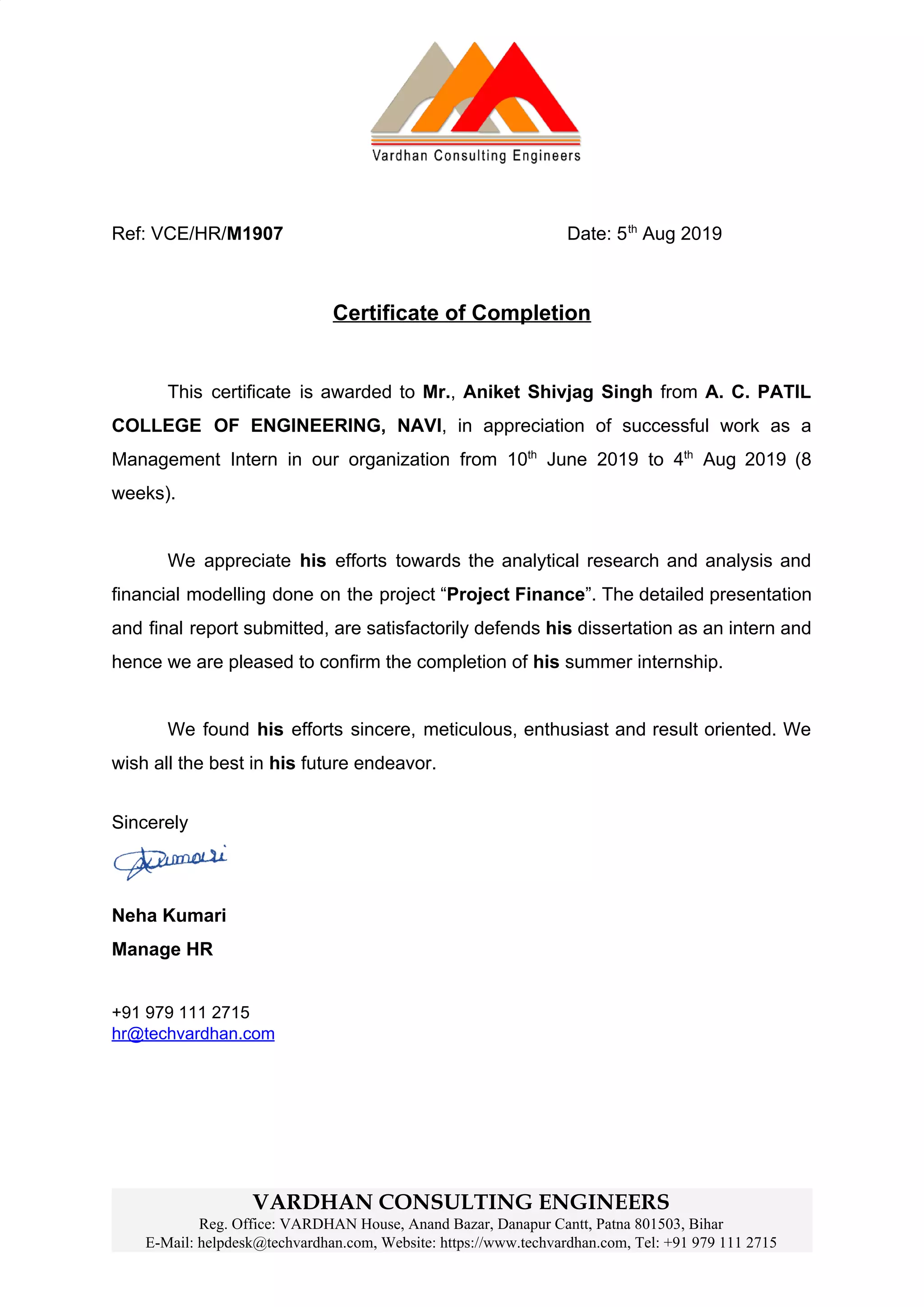 Aniket shivjag singhN internship certificate | PDF