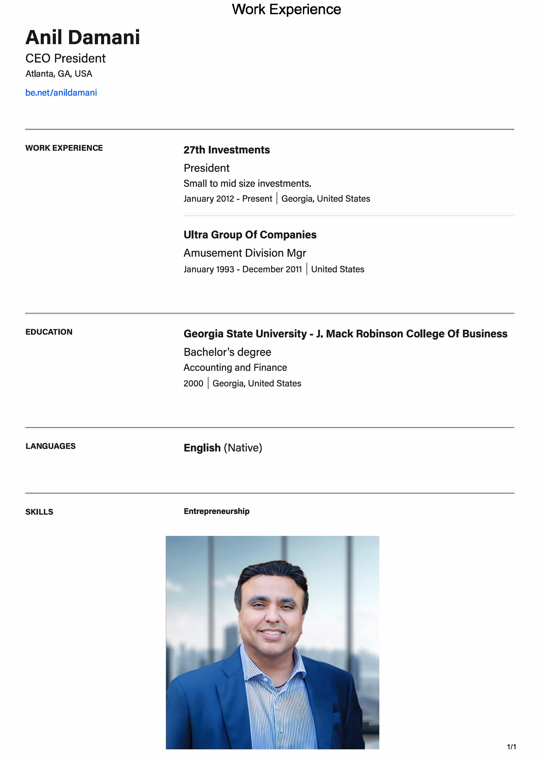 Anil Damani Bio, Work Experience and Education details | PDF