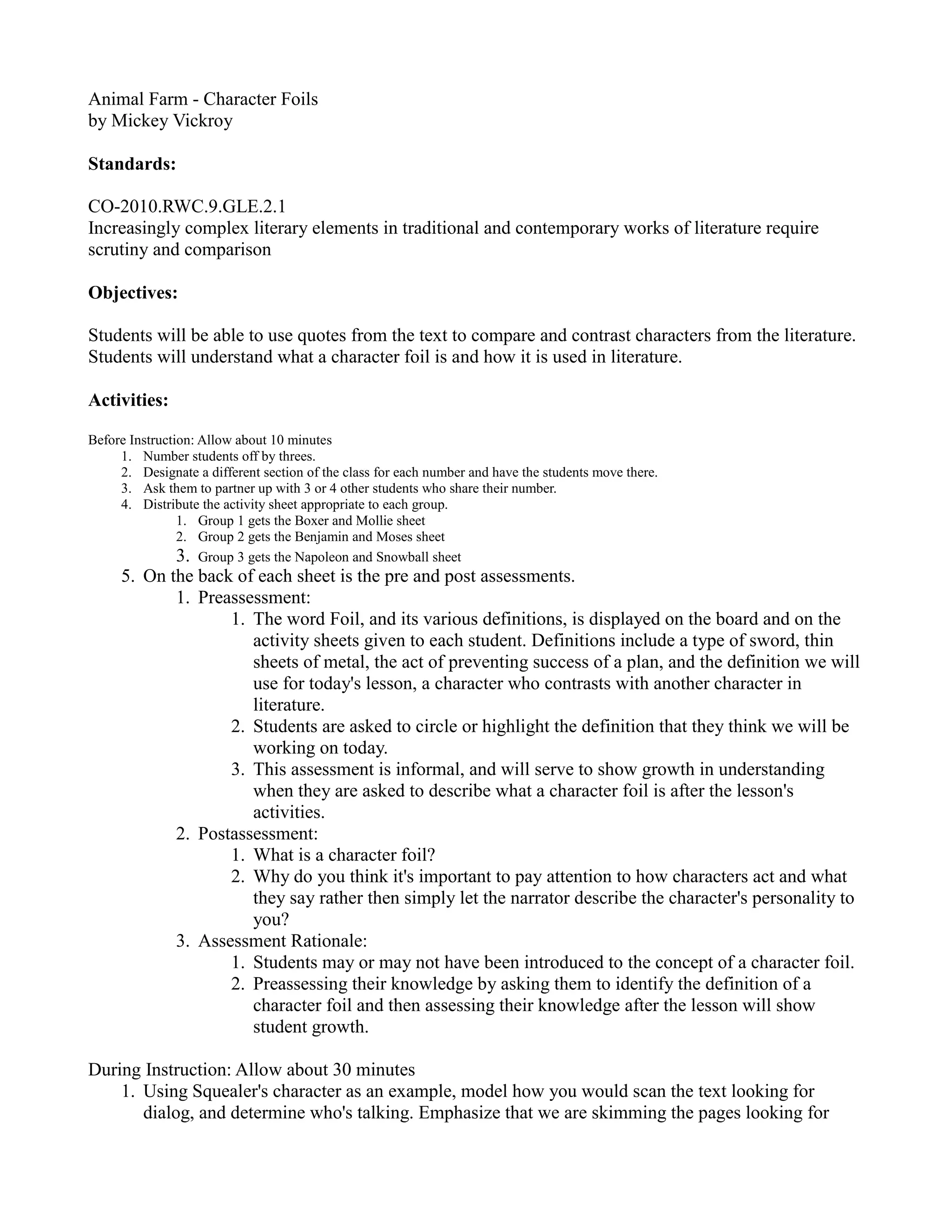 Animal farm character foil lesson plan | DOCX