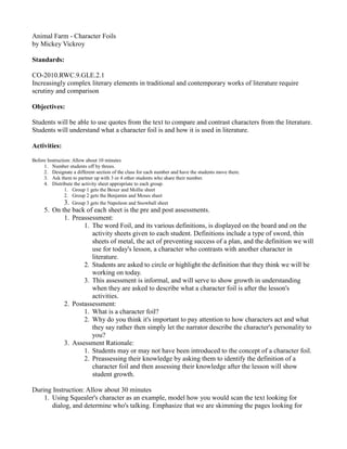 Animal farm character foil lesson plan | DOCX