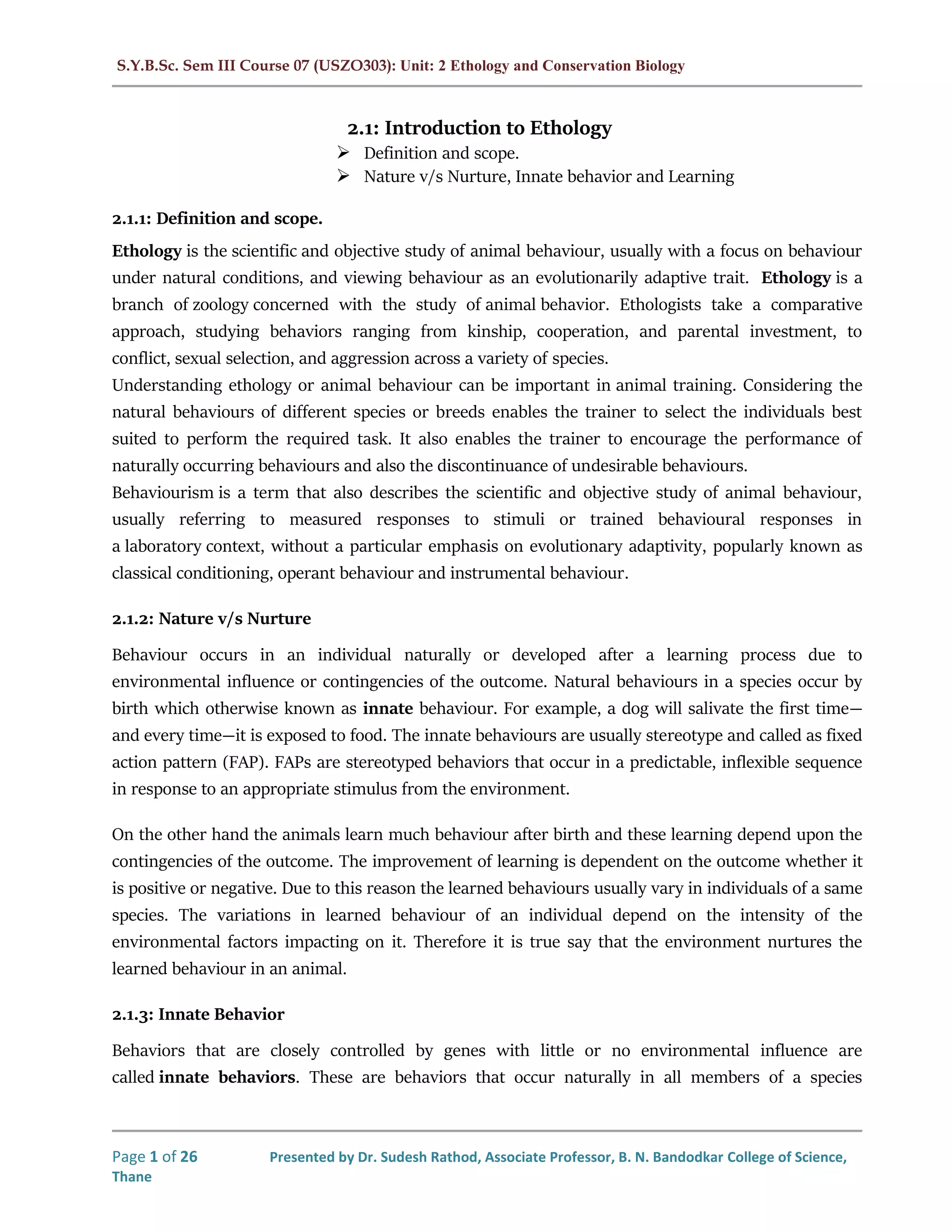 Animal behaviour: Introduction to Ethology | PDF