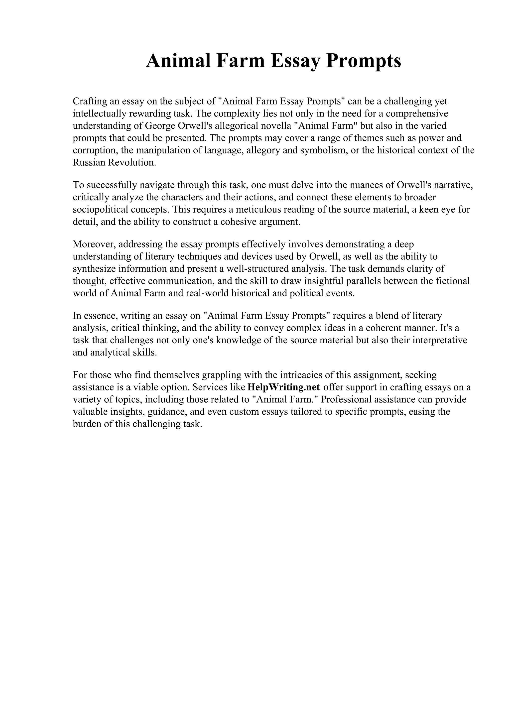 Animal Farm Essay Prompts. Thomas Jefferson School of Law | PDF